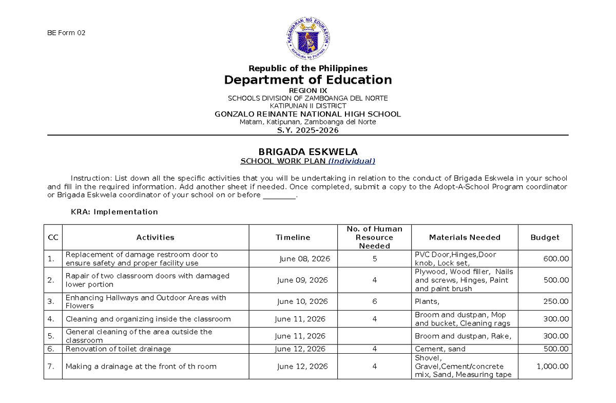 BE Form 02: Brigada Eskwela Individual Work Plan for S.Y. 2026 - Studocu