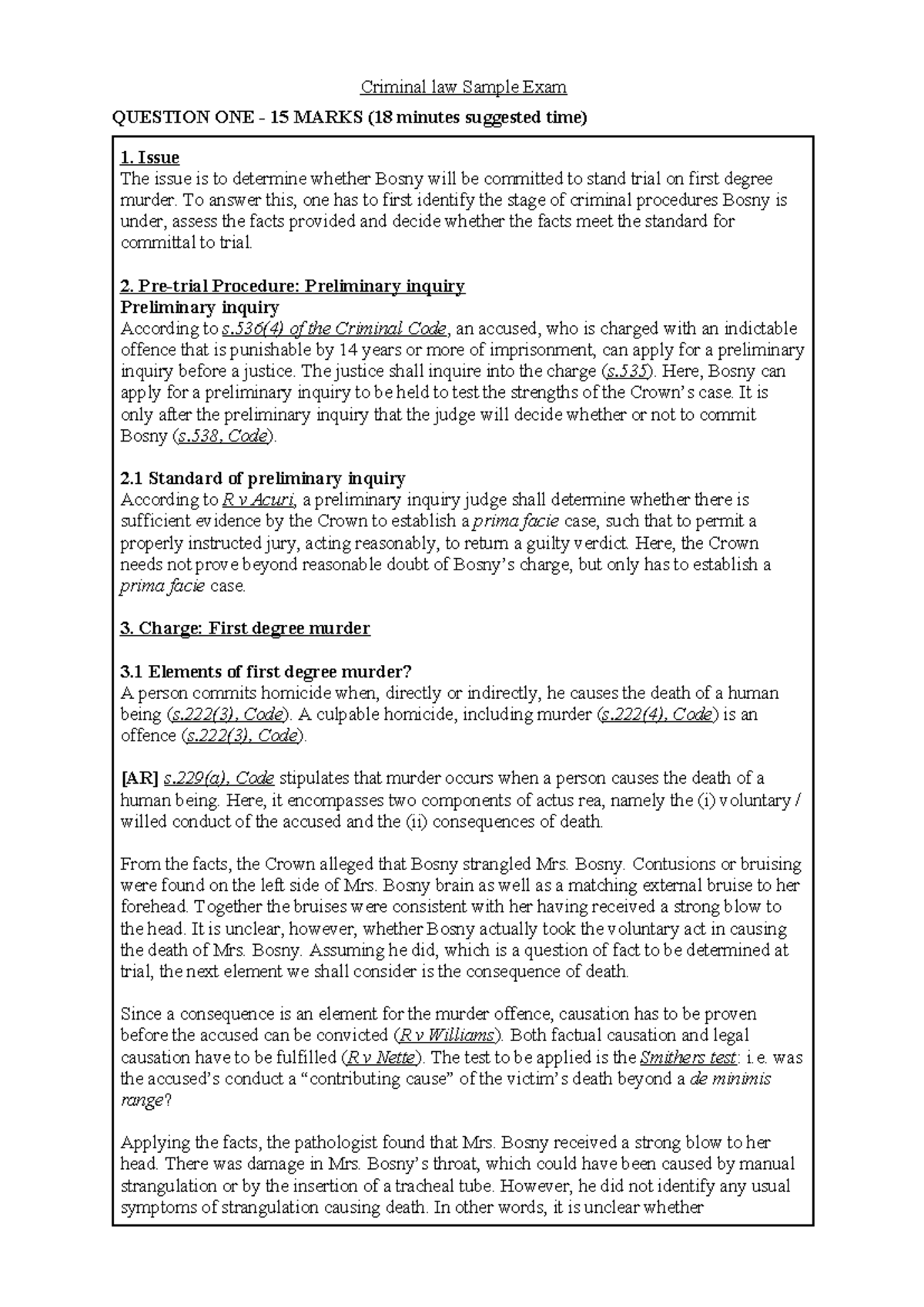 Criminal Law Sample Exam - Analysis of Case Scenarios and Legal ...