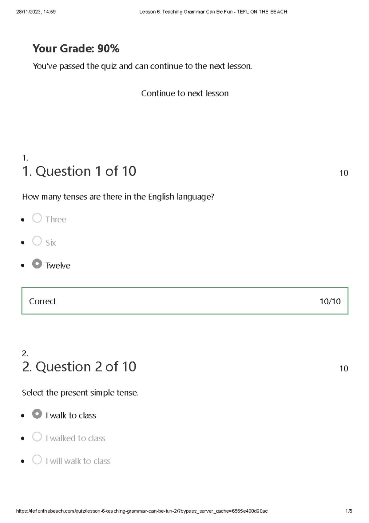 Lesson 6: Teaching Grammar Fun - TEFL ON THE Beach (Quiz) - Studocu