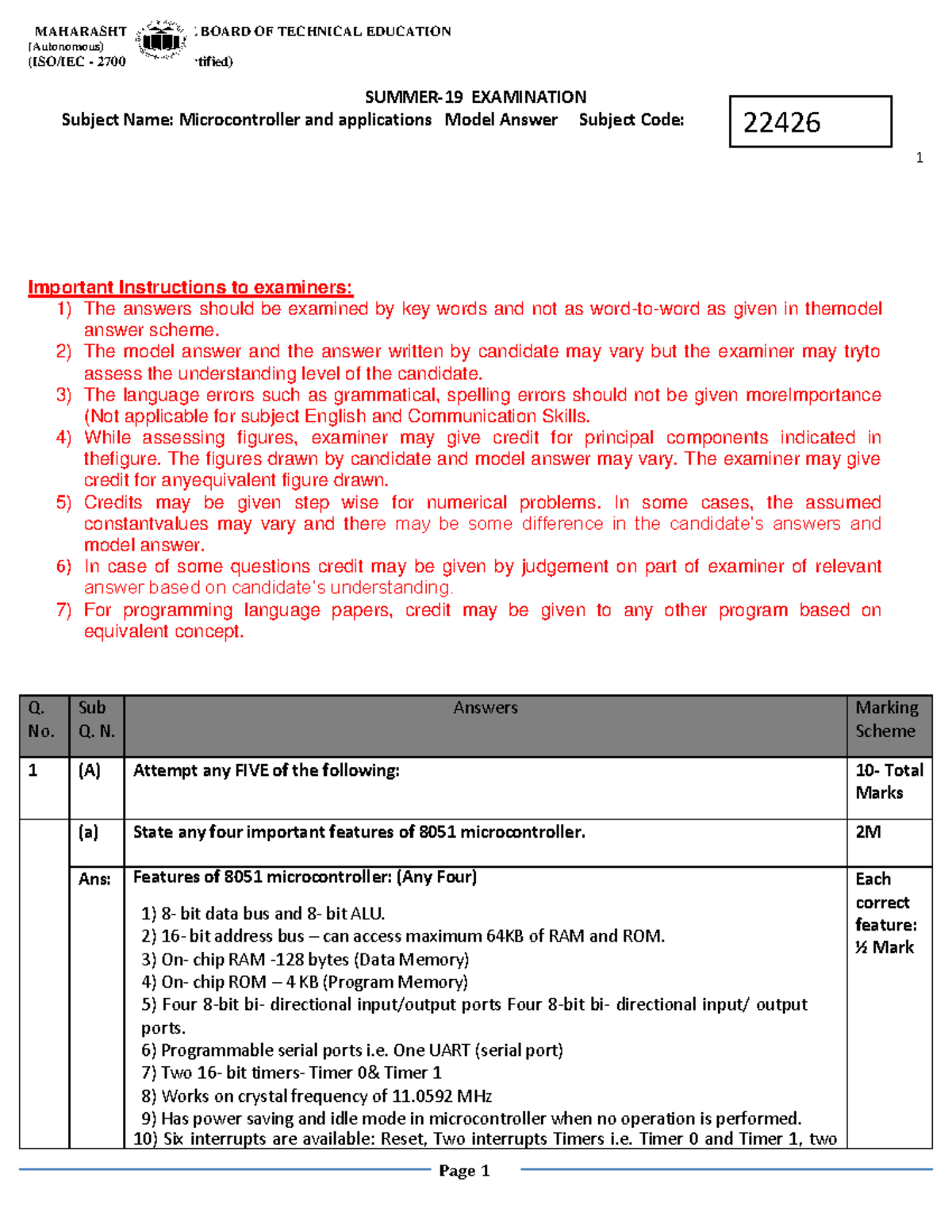 Microcontroller and applications model answer for subject code 22426 ...