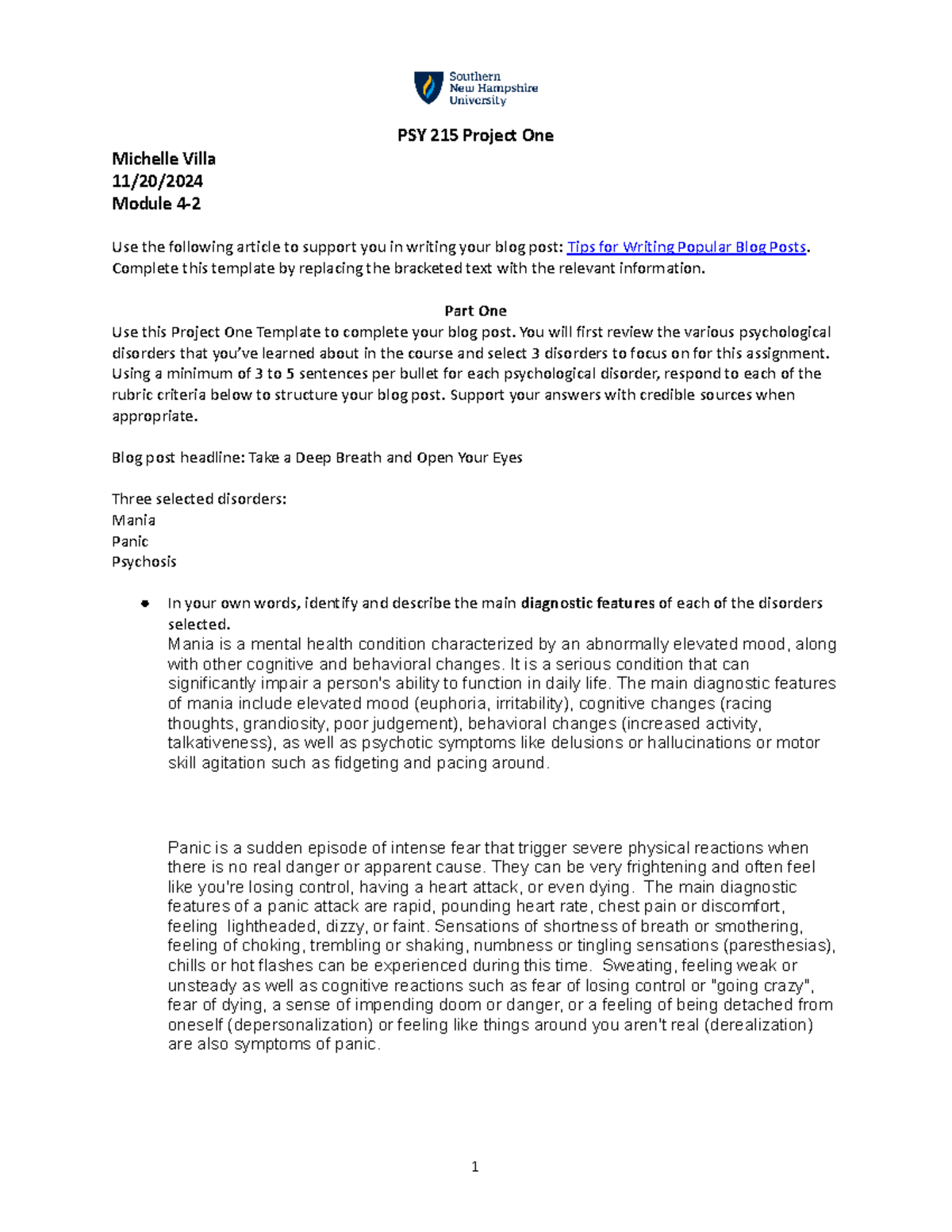 PSY 215 Final Project: Analyzing Mania, Panic, and Psychosis - Studocu
