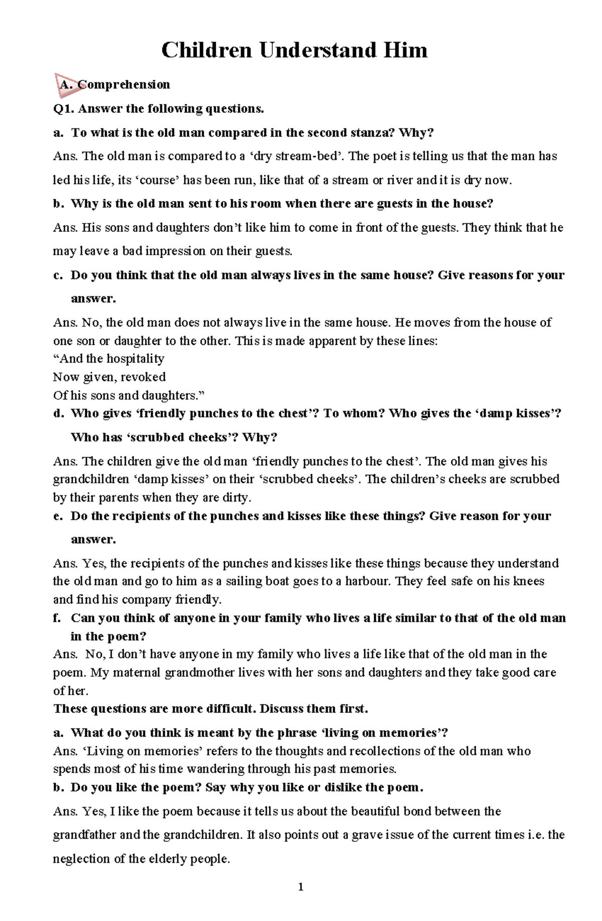 ENG A+B - abc - Children Understand Him A. Comprehension Q1. Answer the ...