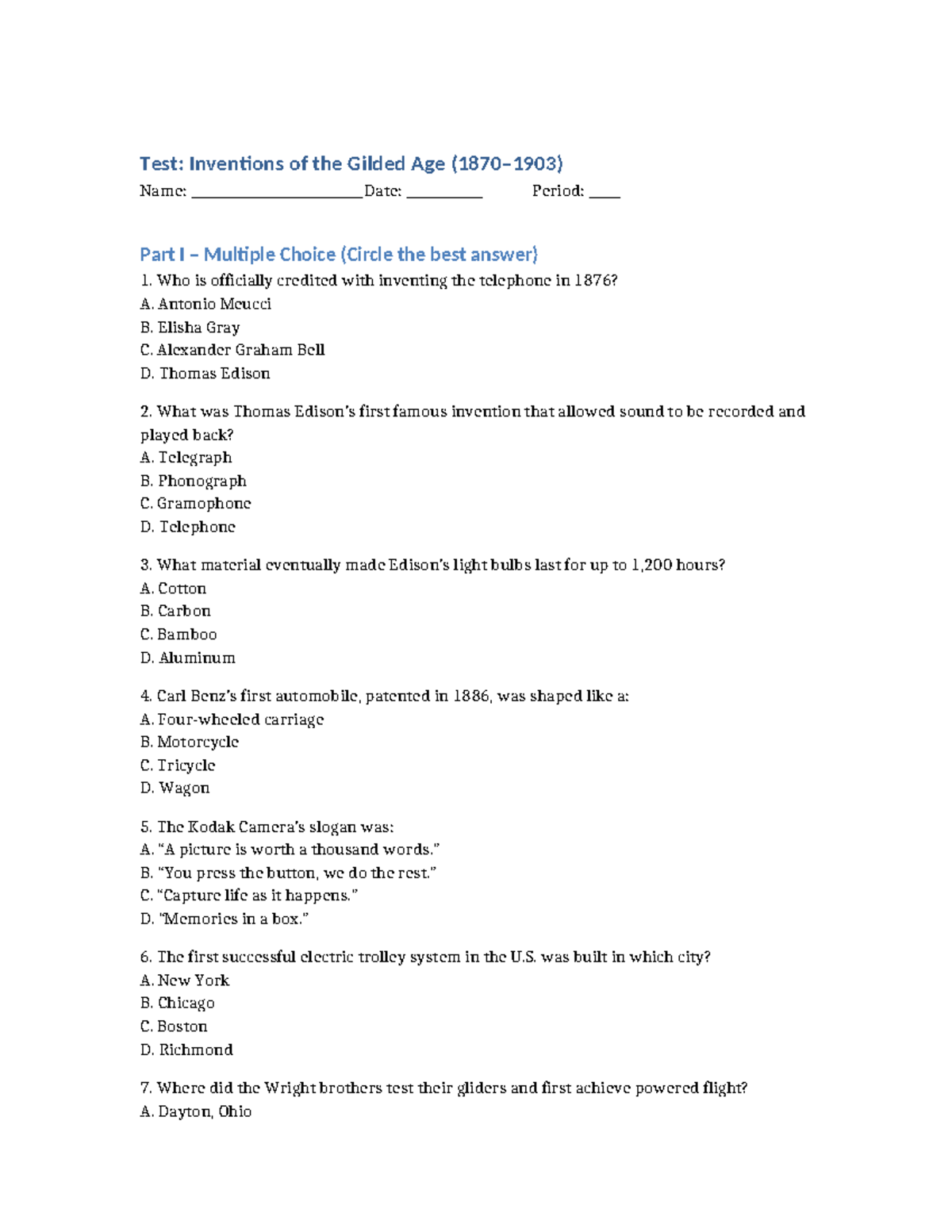 Gilded Age Inventions Quiz: Test Your Knowledge! - Studocu