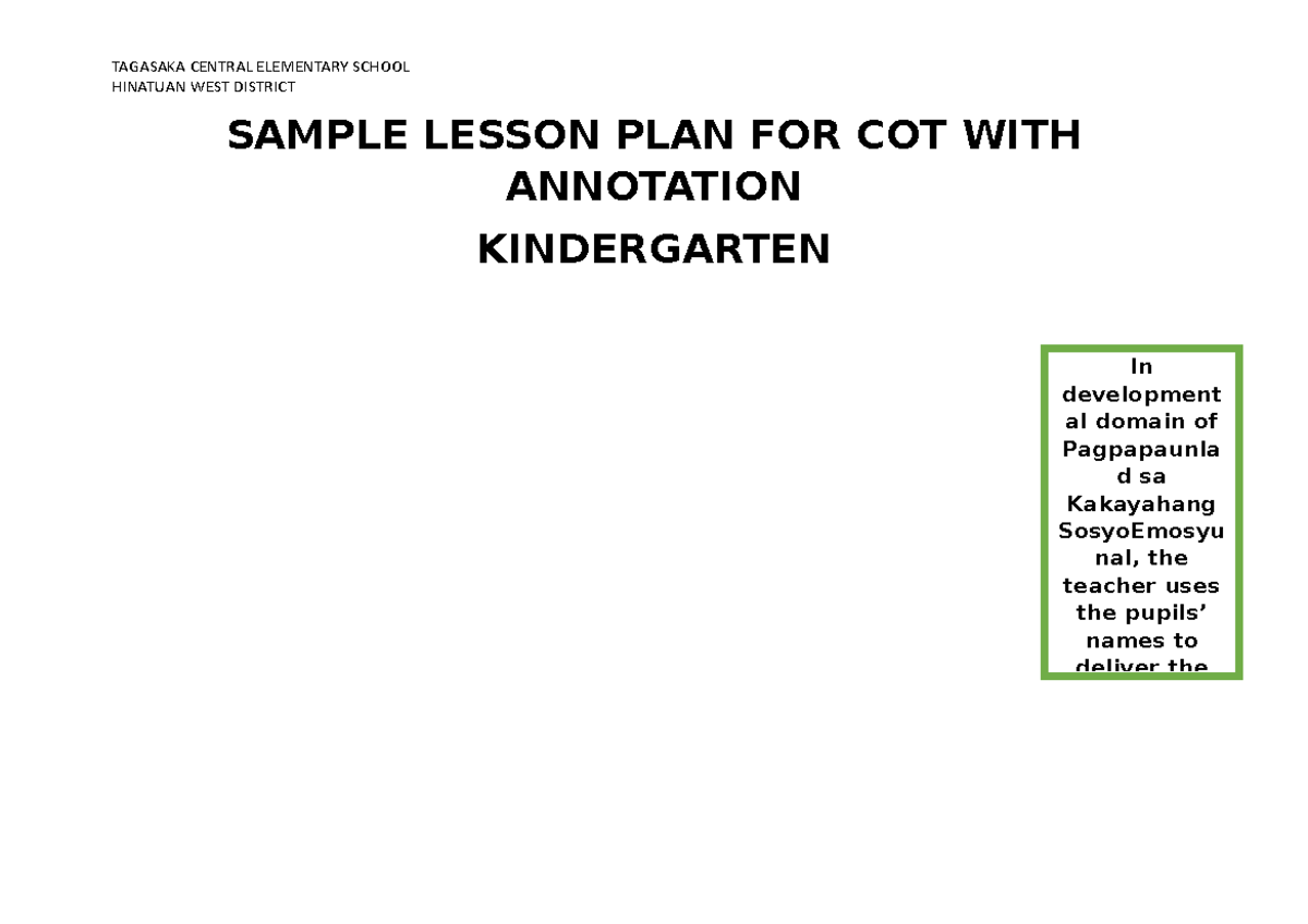 445507593 Sample Kindergarten Lesson Plan with Annotations - Studocu