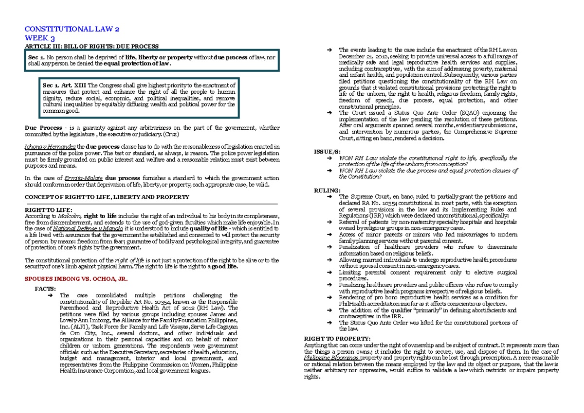 CONSTITUTIONAL LAW 2 WEEK 3: DUE PROCESS AND BILL OF RIGHTS ANALYSIS ...