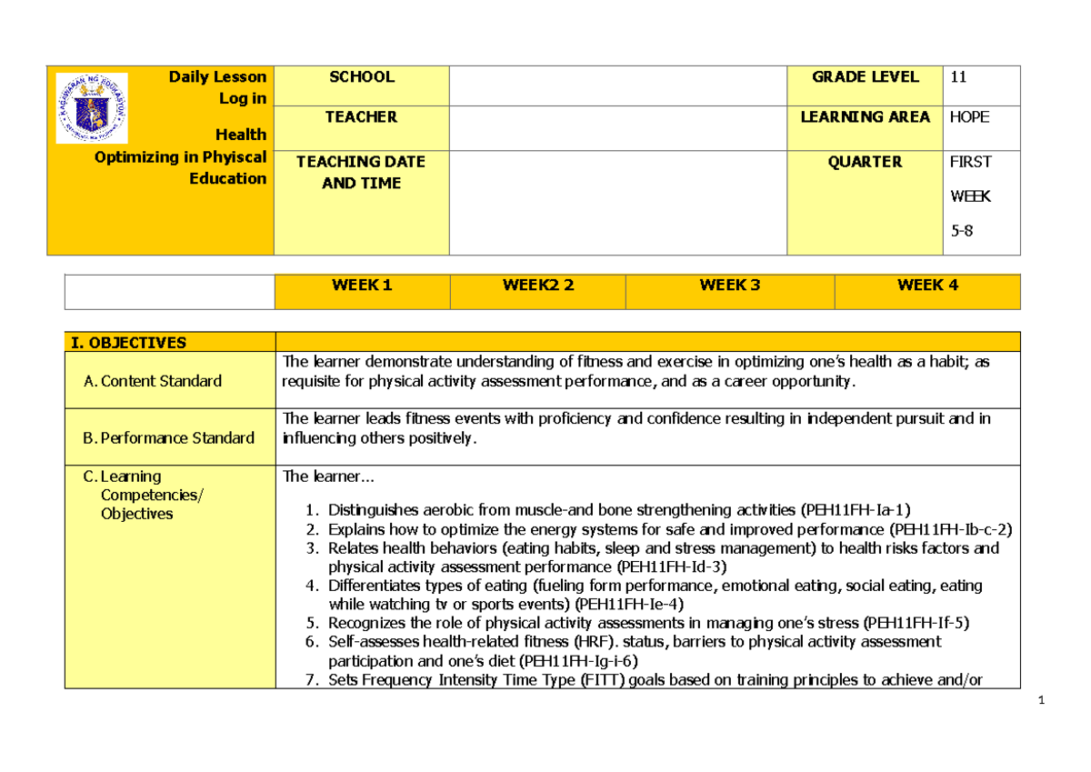 HOPE 11 WEEK 5-8 DLL - Daily Lesson Plan for Physical Education - Studocu