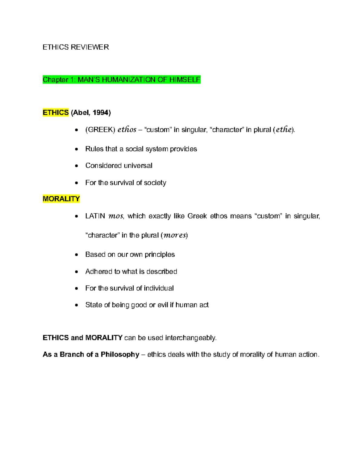 ETHICS 101: Comprehensive Reviewer on Morality and Environmental Ethics - Studocu