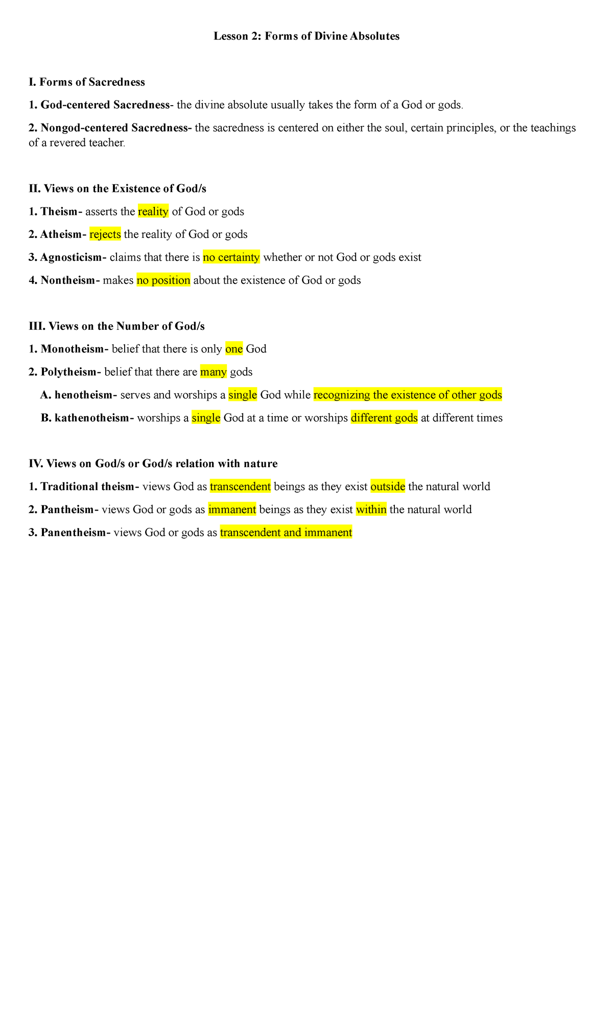Lesson 2 - Forms of Divine Absolutes and Sacredness in Theology - Studocu