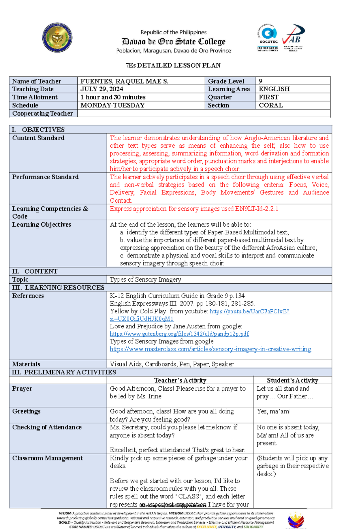 Final IN House Demo 7Es Lesson Plan for Grade 9 English - Studocu