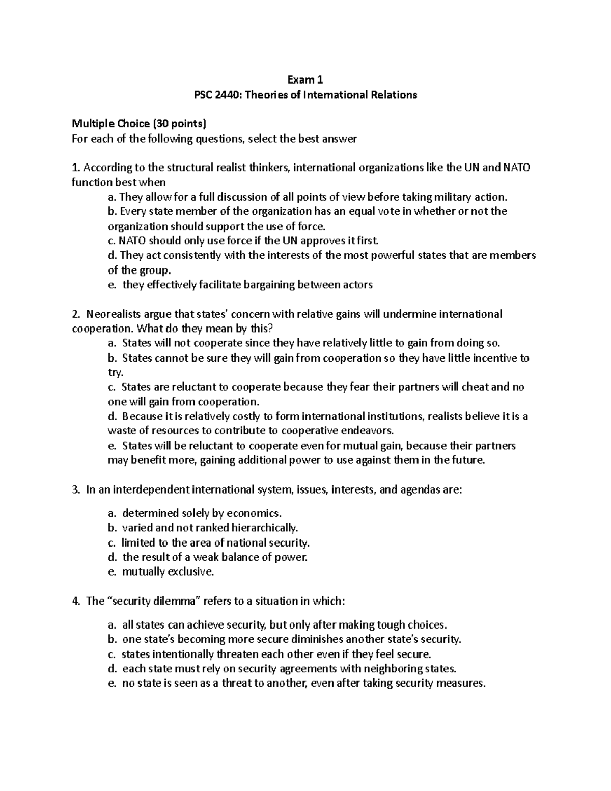 Exam 1 Study Guide for PSC 2440: Theories of International Relations - Studocu