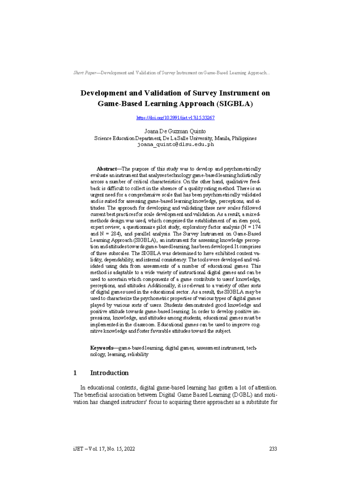 Development and Validation of SIGBLA Survey Instrument for Game-Based ...