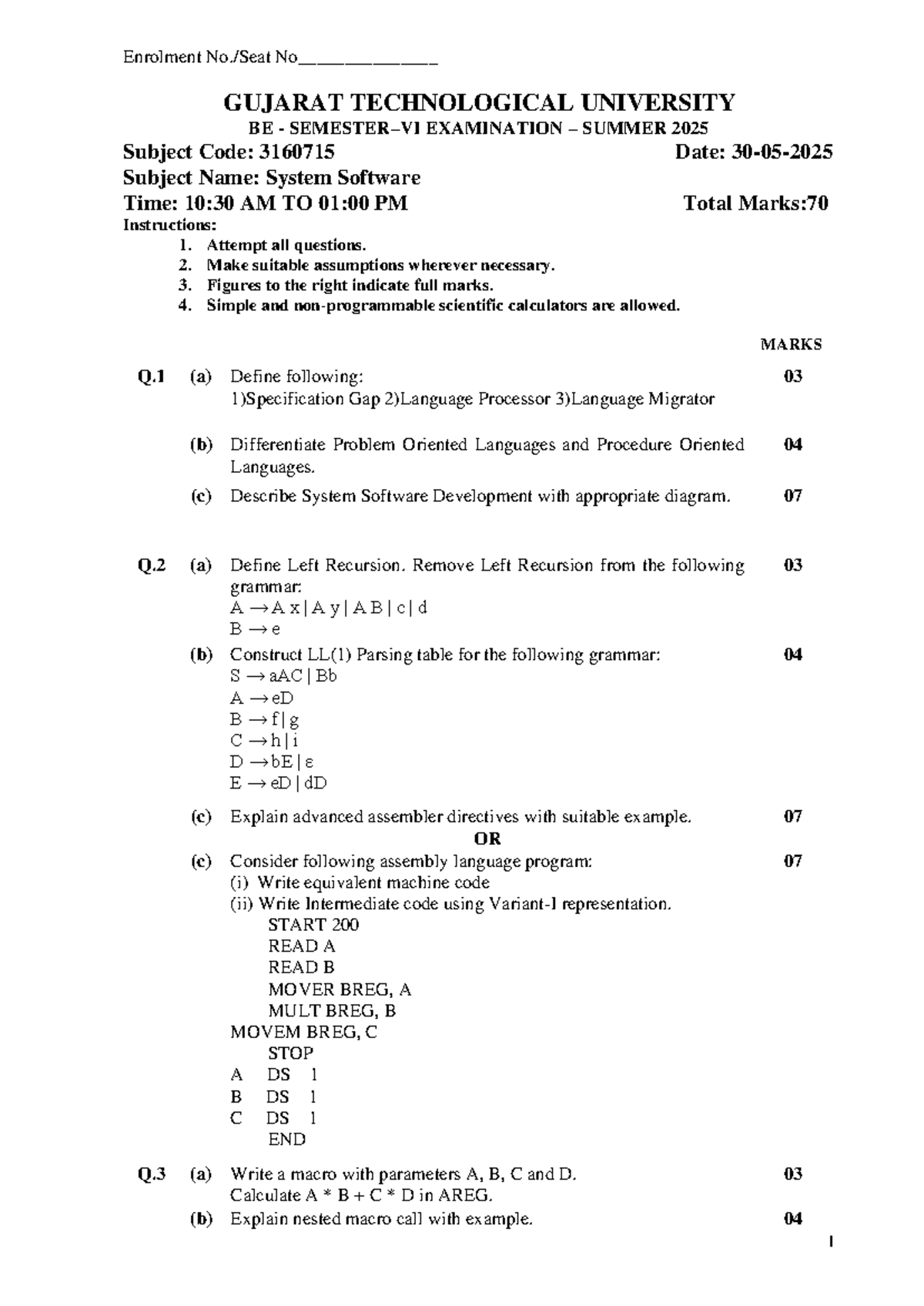 3160715 System Software BE Exam Summer 2025 - Old Question Paper - Studocu
