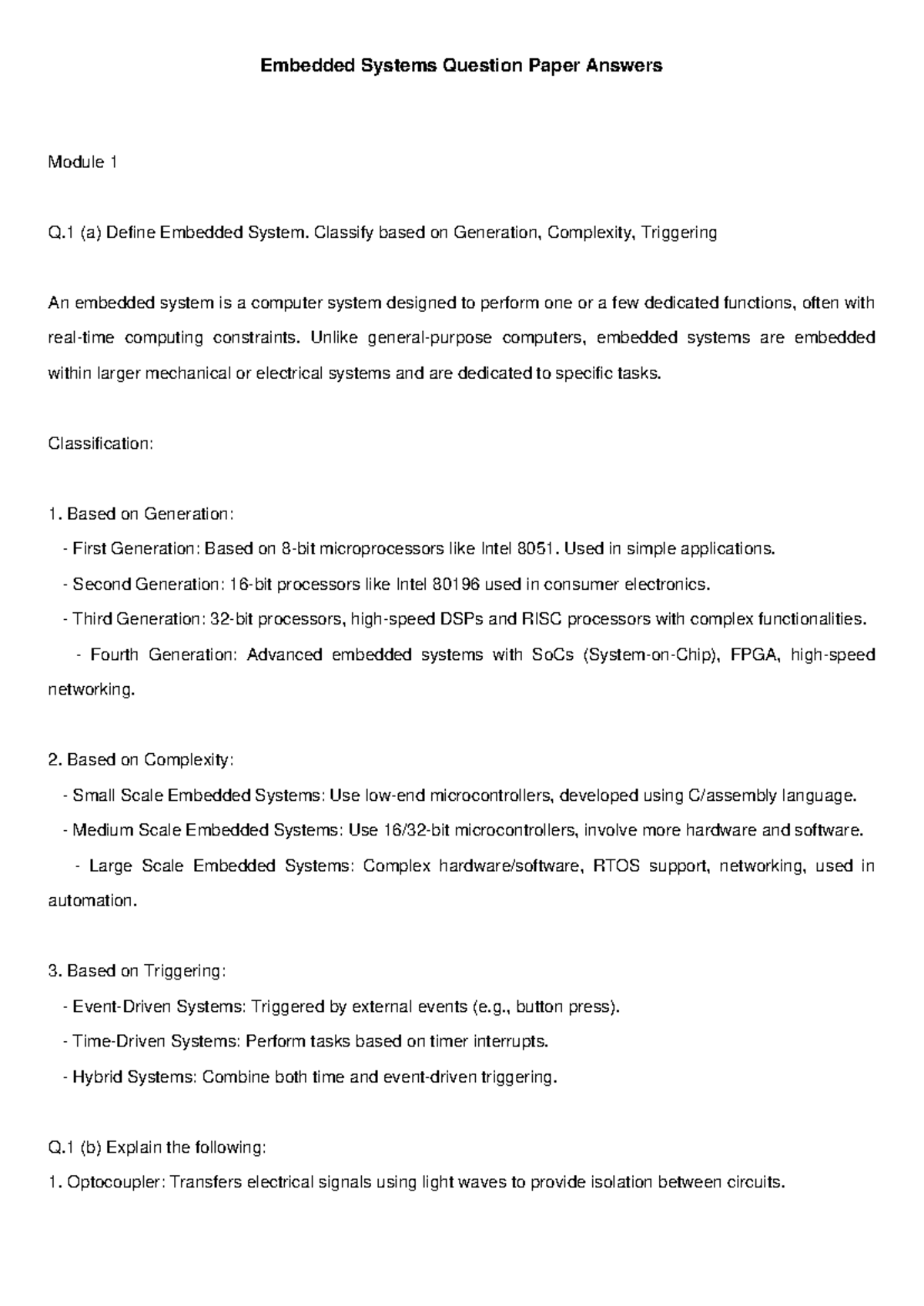 Embedded Systems Module 1 Q&A: Definitions & Classifications - Studocu