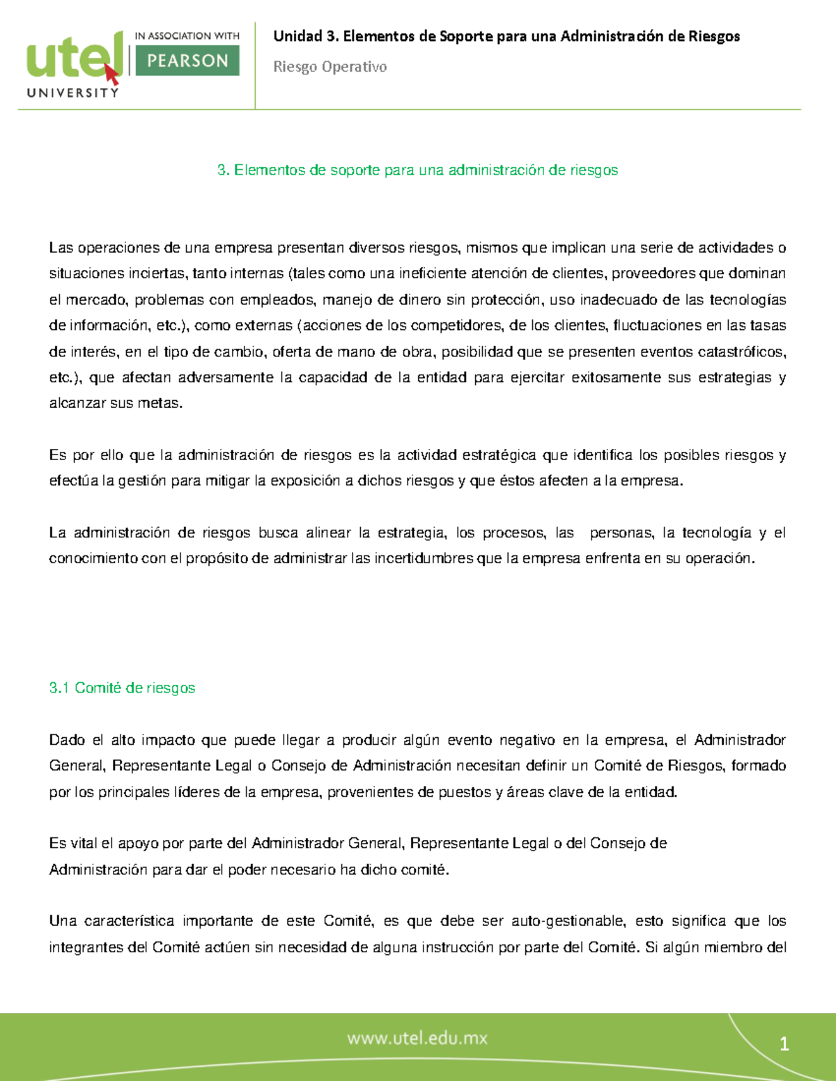 Lectura Unidad 3 Comite de Riesgos - Unidad 3. Elementos de Soporte ...