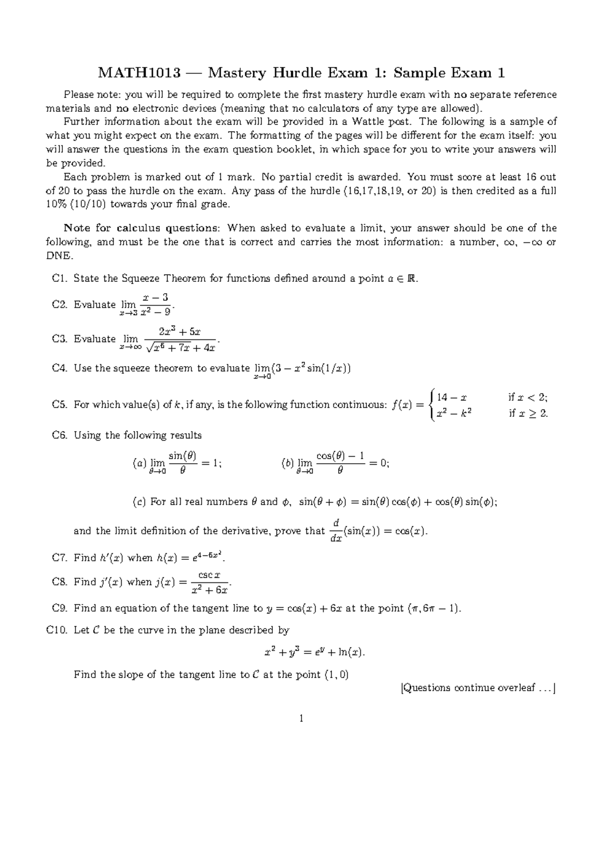 MATH1013 2024S2 Mastery Hurdle Exam 1: Sample Questions - Studocu