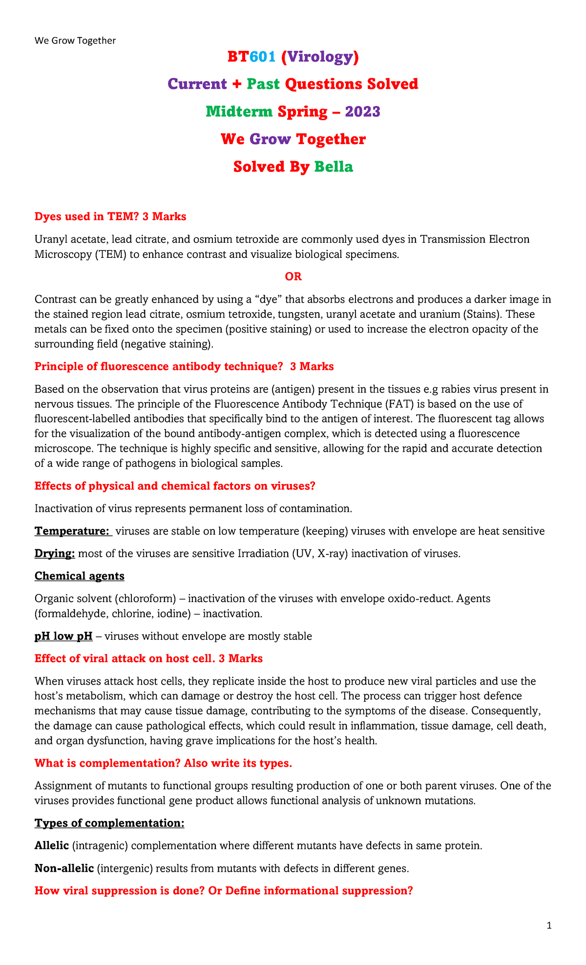 BT601 Virology Midterm Spring 2023 Solved Past Questions by Bella - Studocu