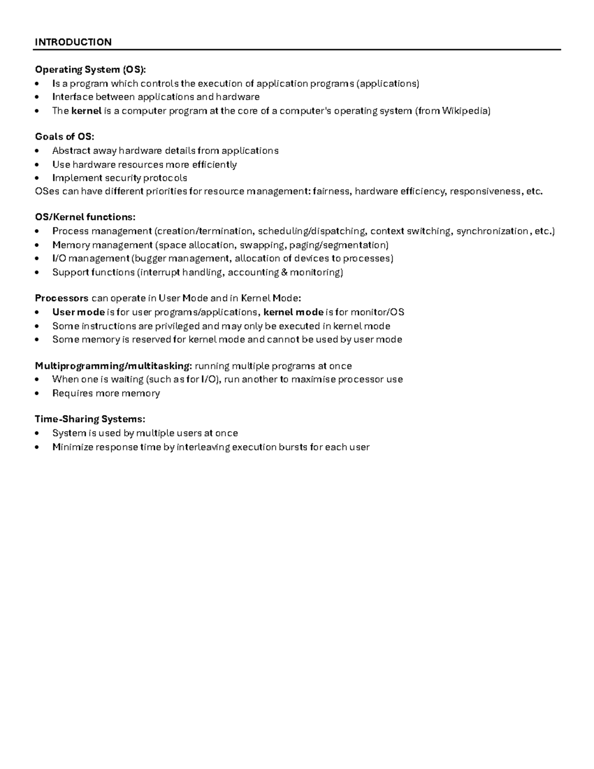 CPSC457 notes by Cateleya - INTRODUCTION Operating System (OS): Is a ...