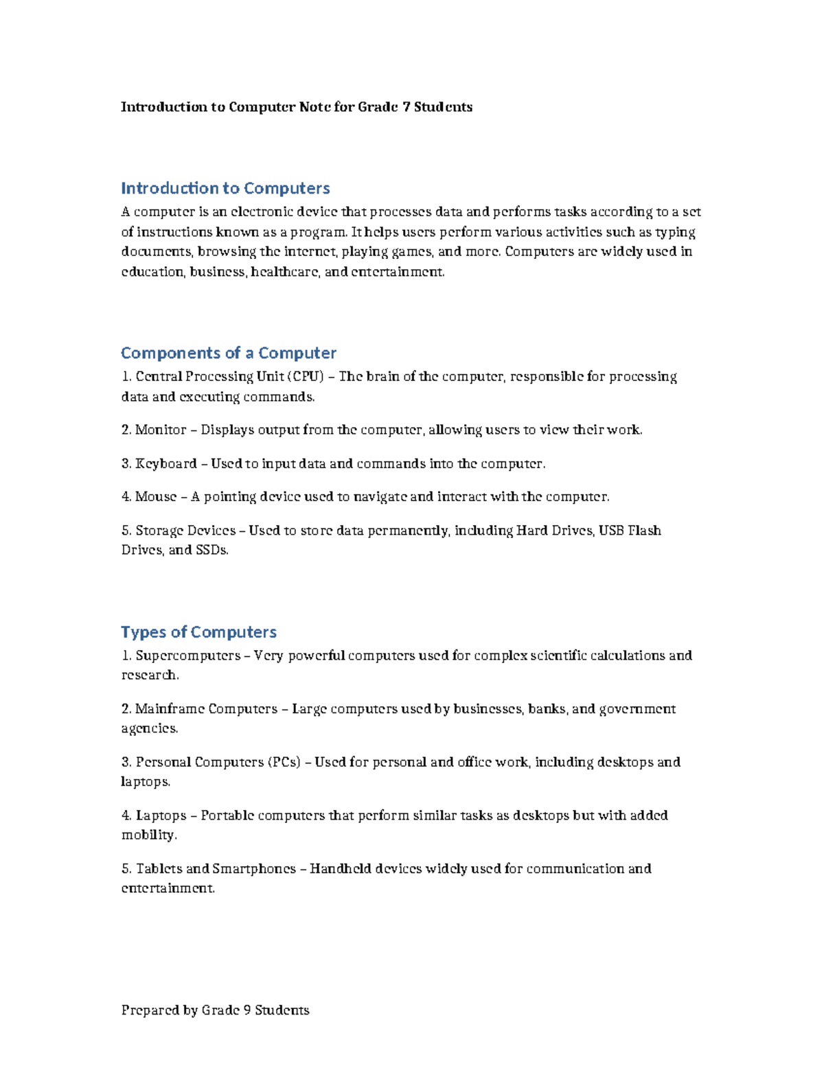 Introduction to Computers Notes for Grade 7 Students - Studocu