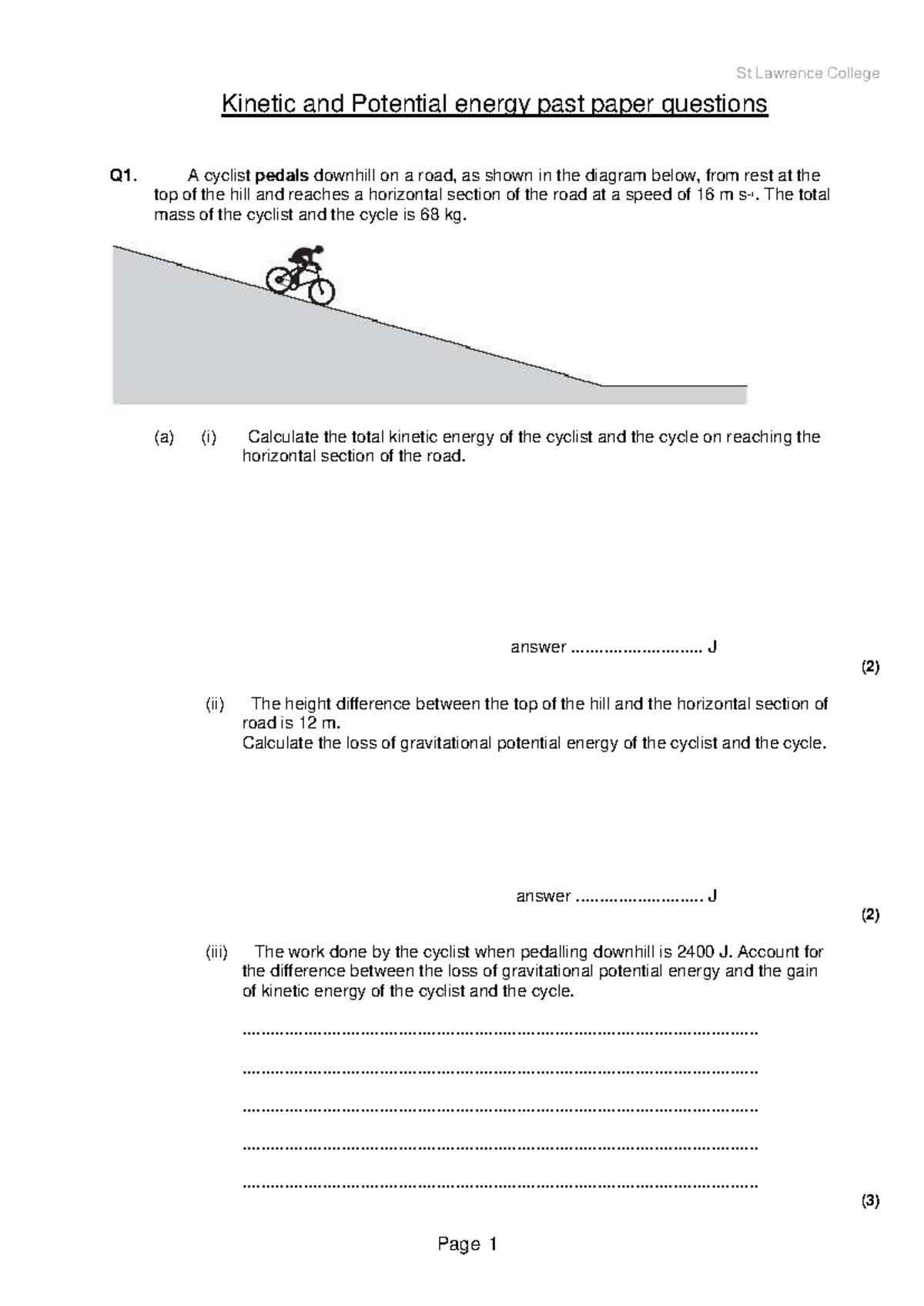 Kinetic and Potential Energy Past Paper Questions - St Lawrence College ...