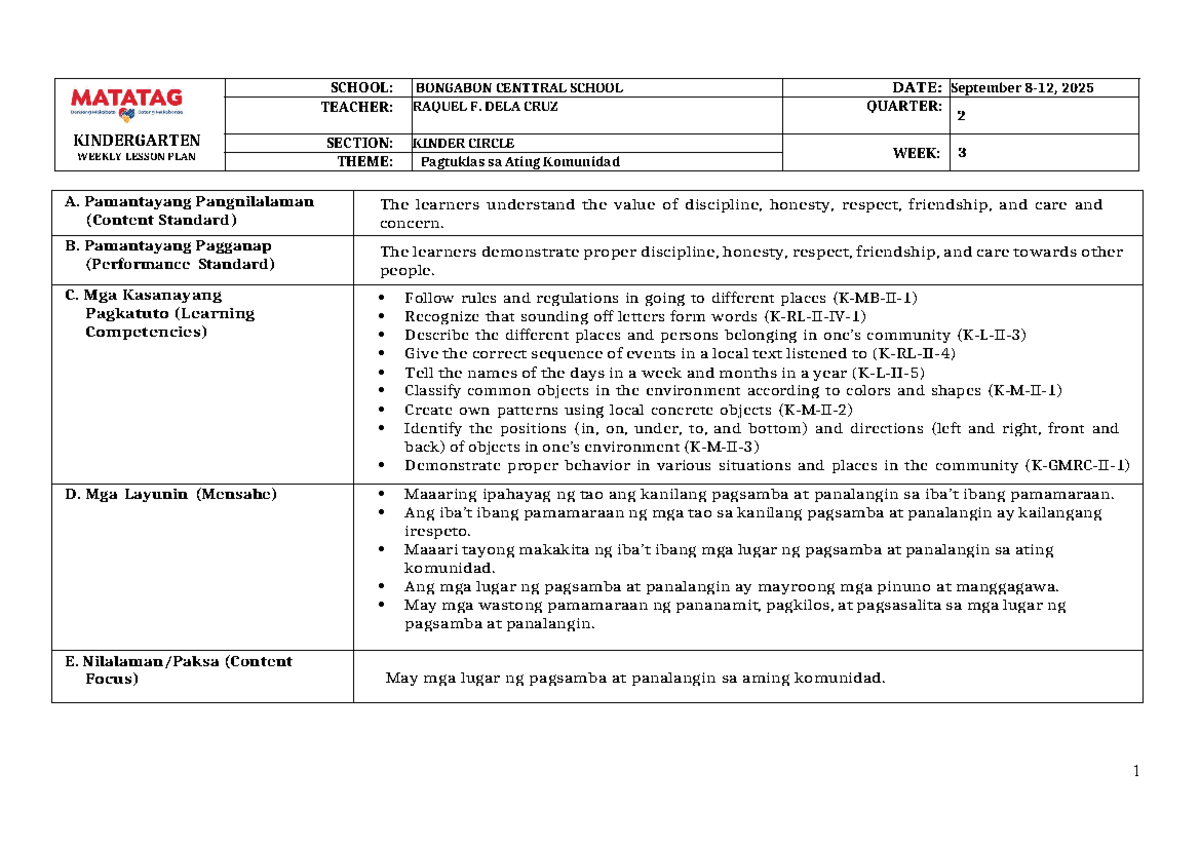 LE Kindergarten Q2 Week 3 Weekly Lesson Plan - Studocu