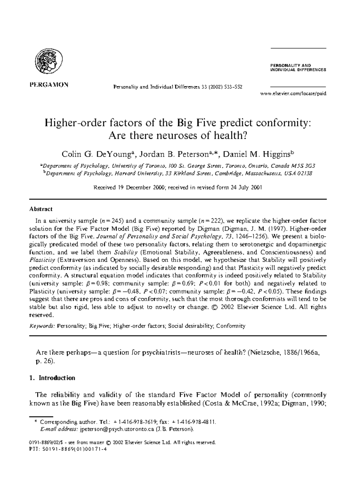 Big Five Personality Factors and Conformity: Insights from Deyoung 2002 ...
