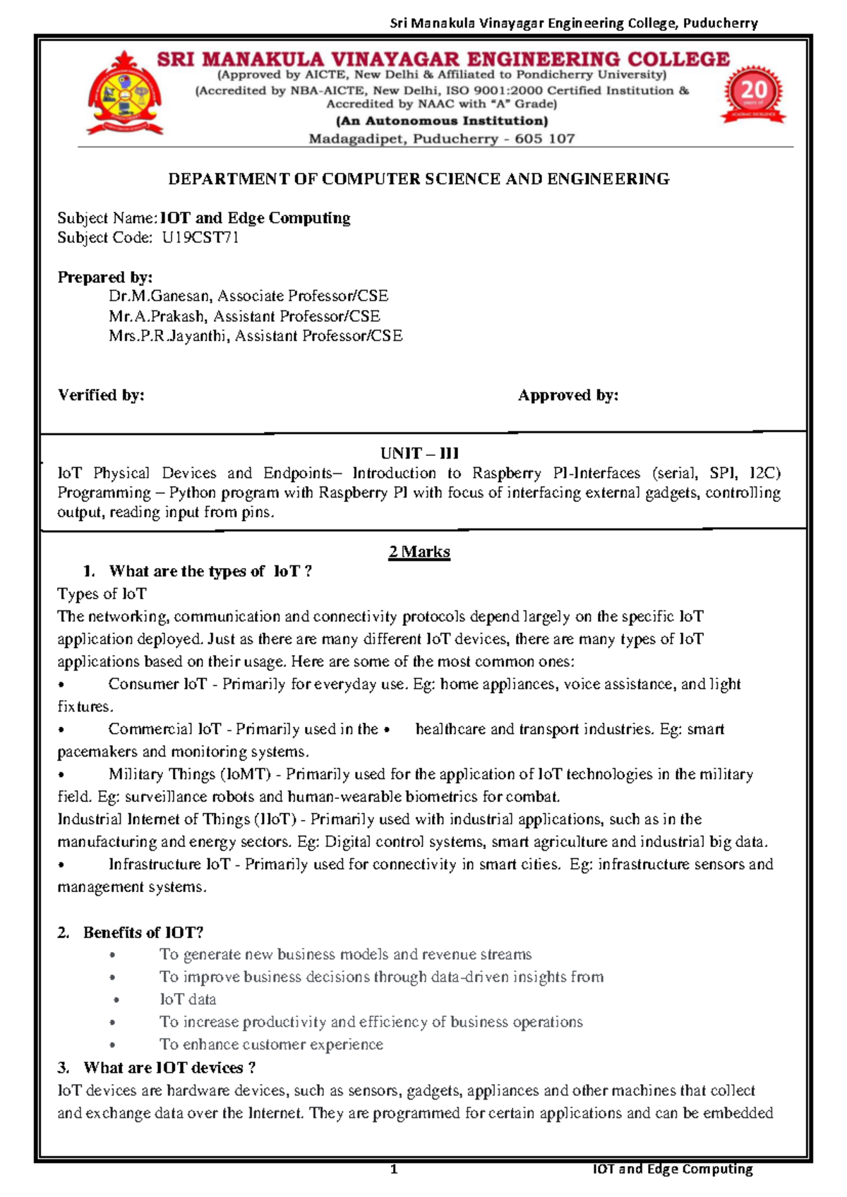 Internet of Things Unit 3 - DEPARTMENT OF COMPUTER SCIENCE AND ENGINEERING Subject Name: IOT and ...