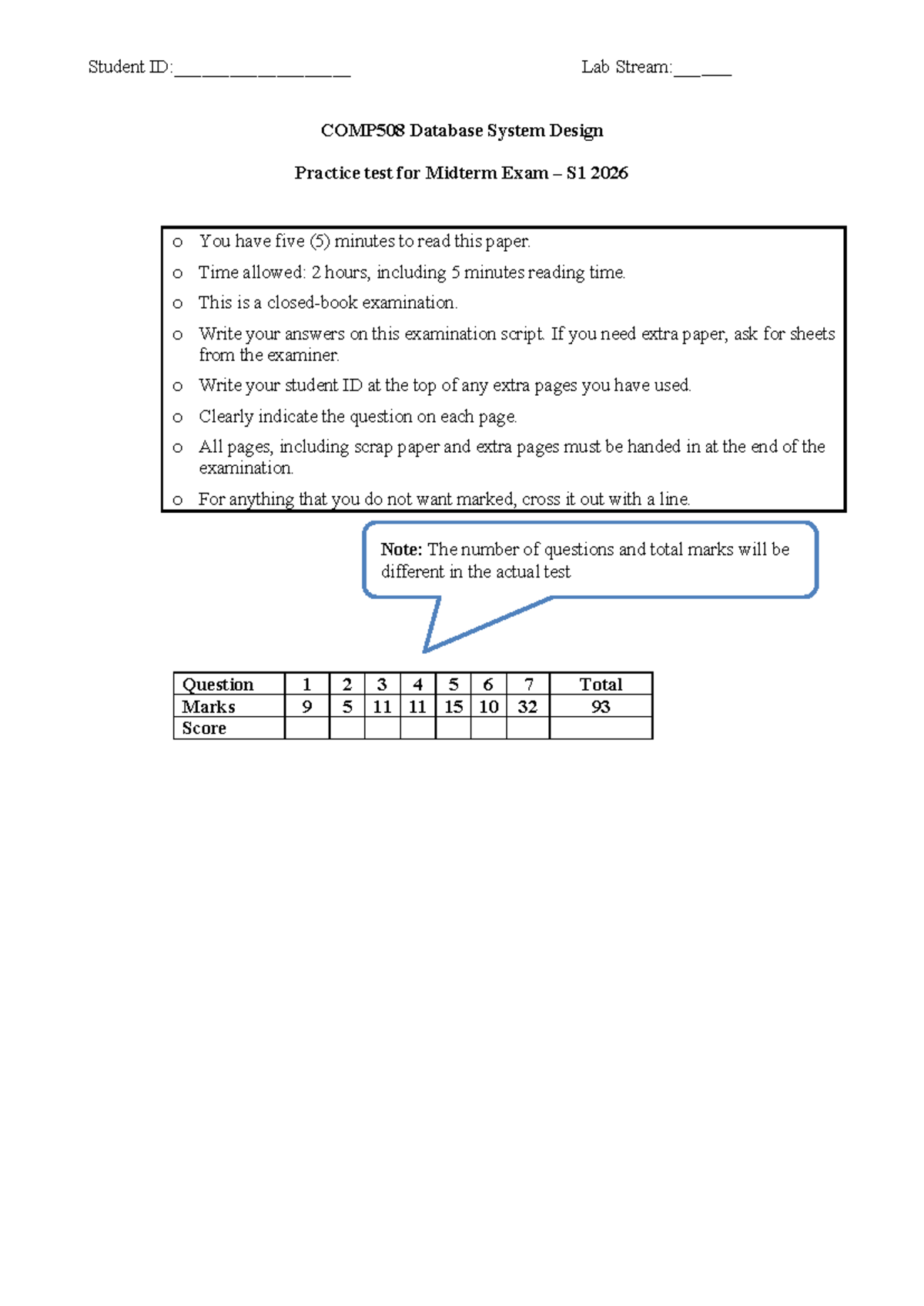 COMP508 Midterm Exam Practice Test: Database System Design S1 2026 ...