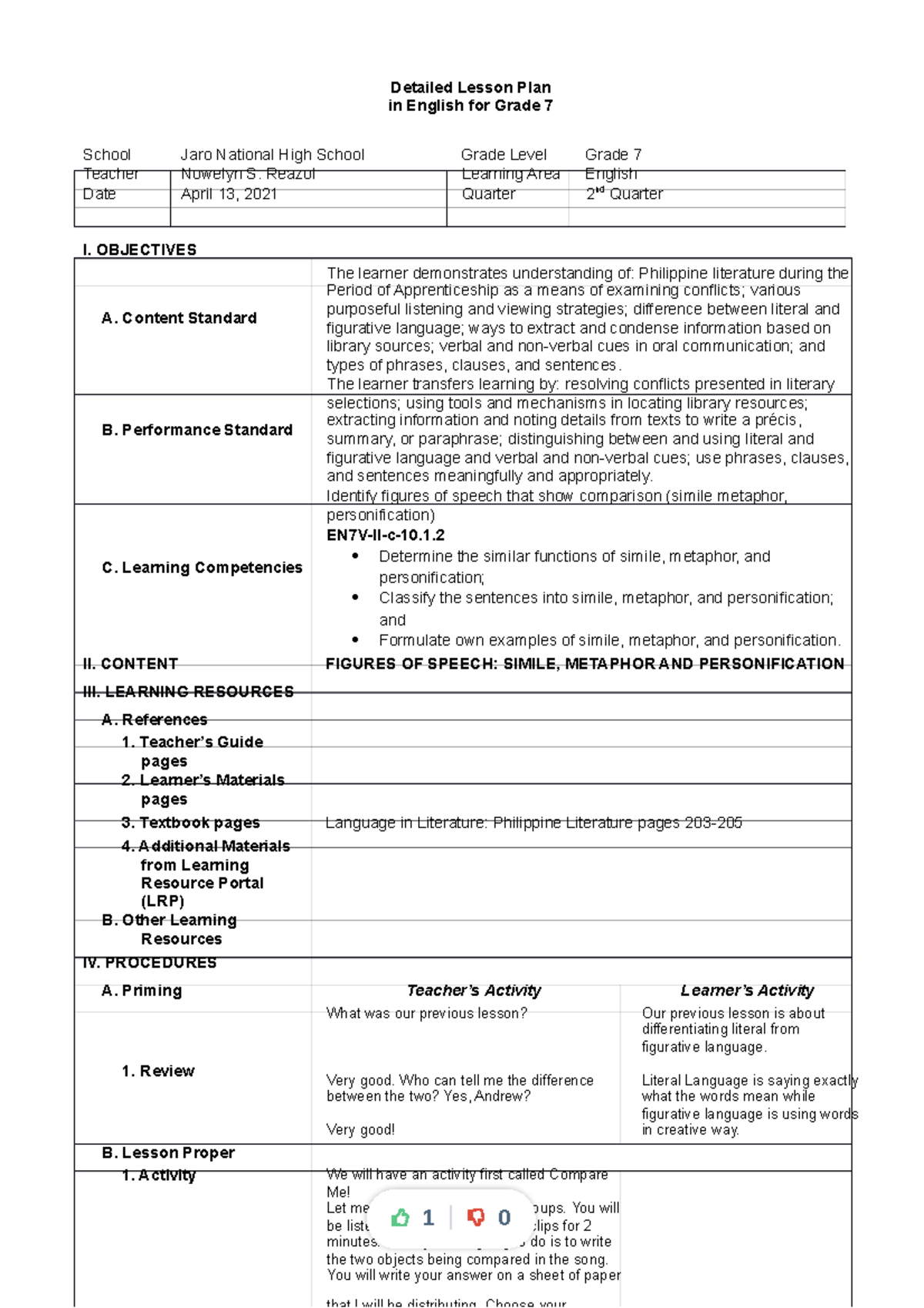 Detailed-lp-figure-of-speech-1 compress - Detailed Lesson Plan in ...