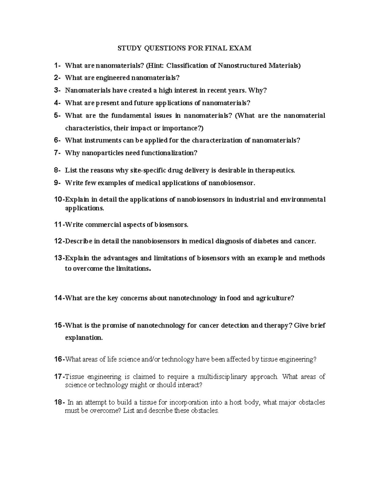 Study Questions for Final Exam: Nanomaterials & Applications - Studocu