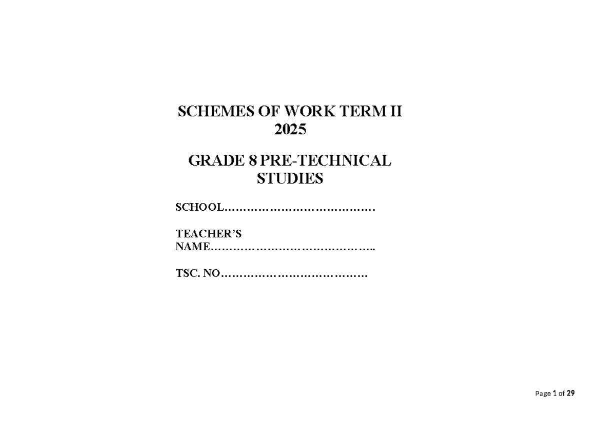 Grade 8 Pre-Technical Studies Term II 2025 Schemes of Work - Studocu