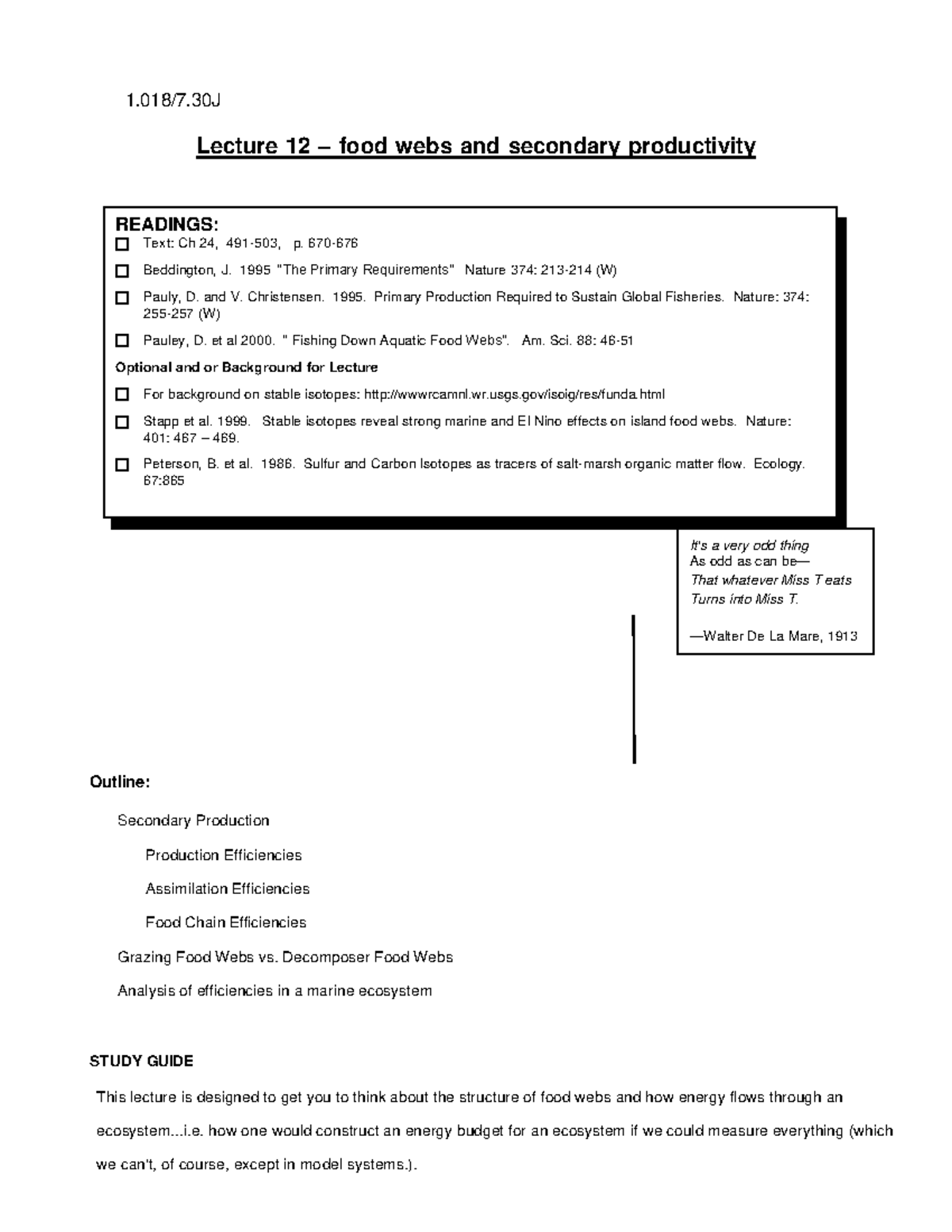 FOOD WEBS & SECONDARY PRODUCTIVITY: Lecture 12 Study Guide Insights ...