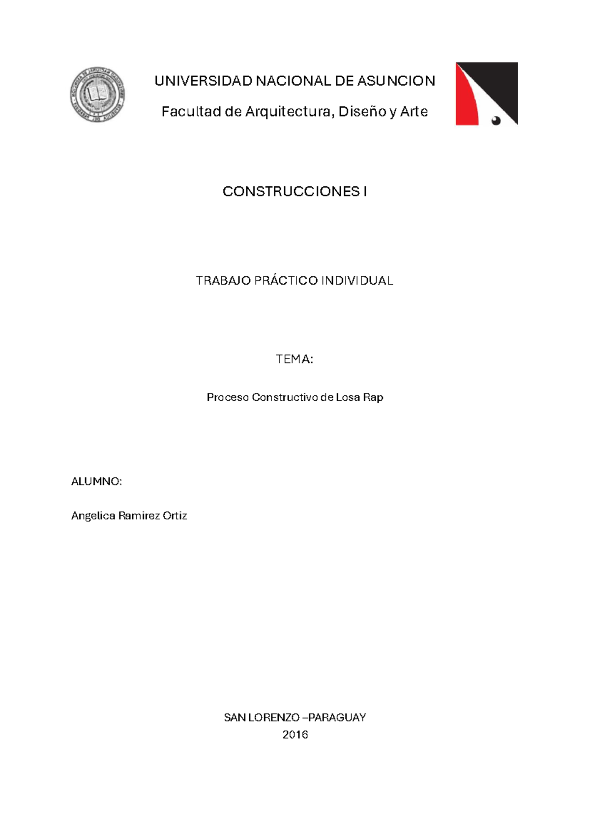 Tp Individual Construcción I: Proceso Constructivo de Losa Rap - Studocu