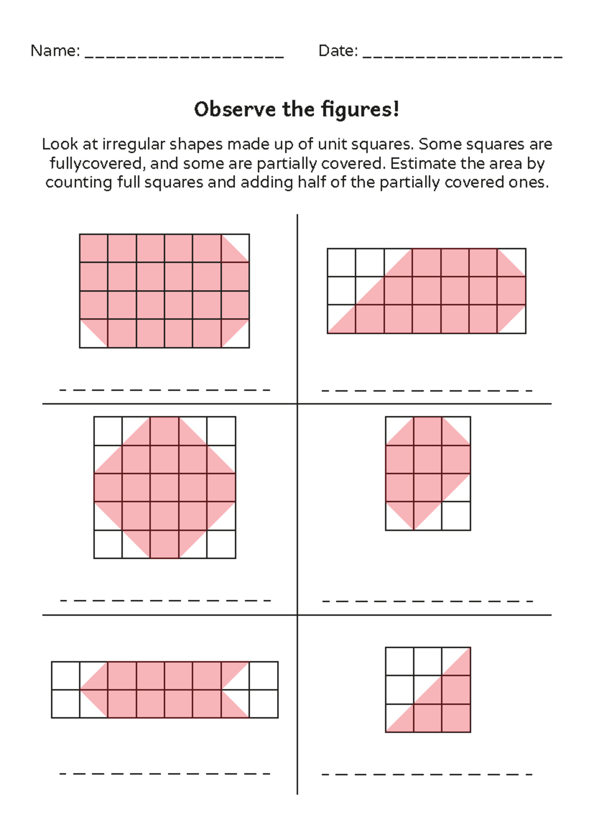 Estimating Area Using Unit Squares - 3rd Grade Worksheet - Name ...