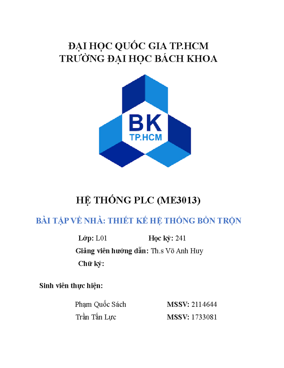 Bài Tập Hệ Thống PLC ME3013: Thiết Kế Hệ Thống Bồn Trộn - Studocu