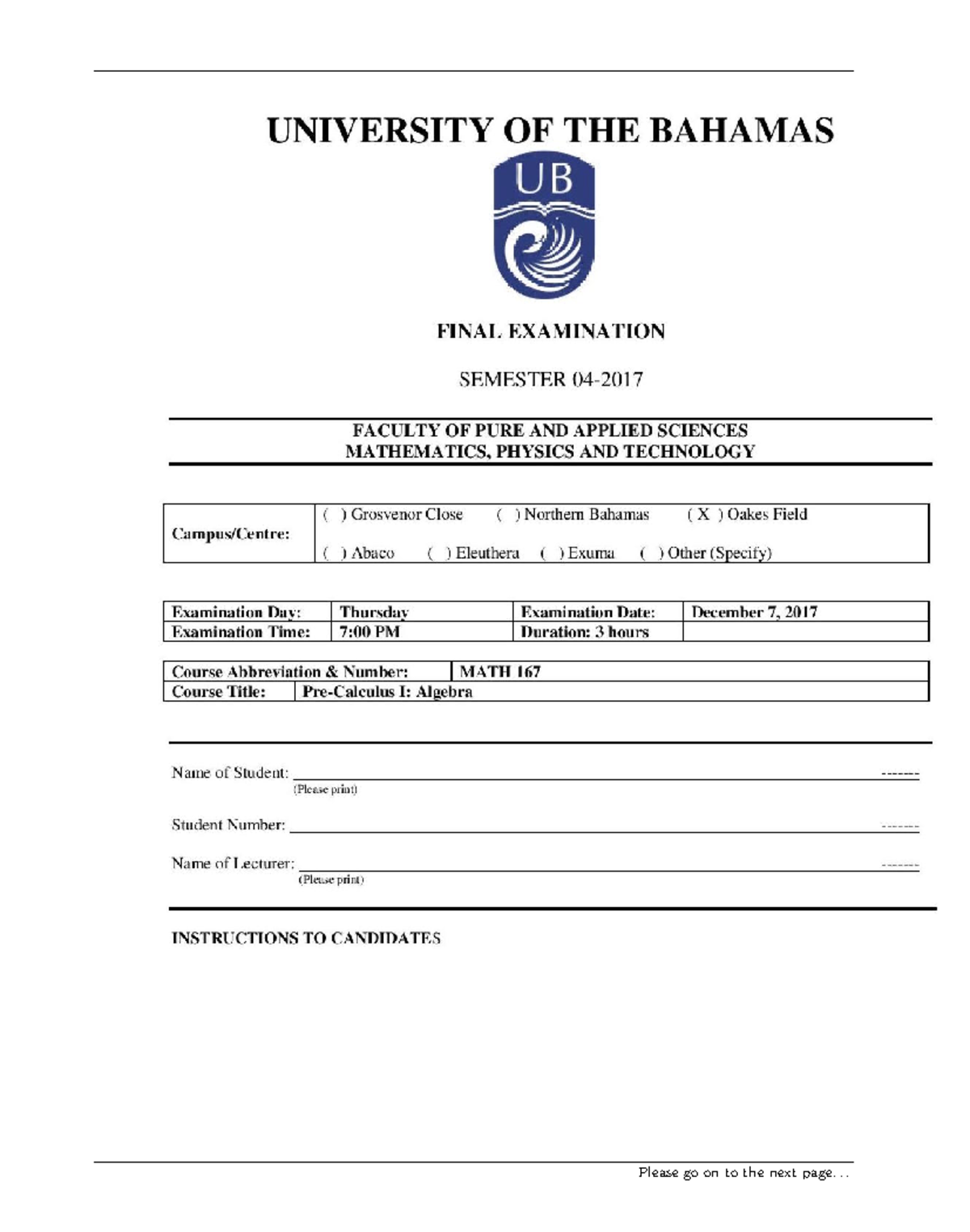 Past Exam for Pre-Calculus (042017) - Spring 2017 - Studocu