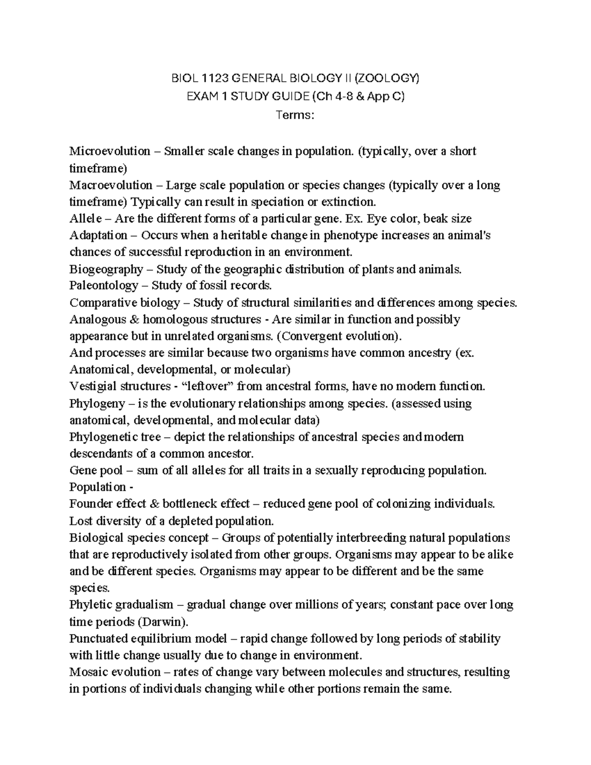 BIOL 1123 General Biology II (Zoology) Exam 1 Study Guide (Ch 4-8 & App ...