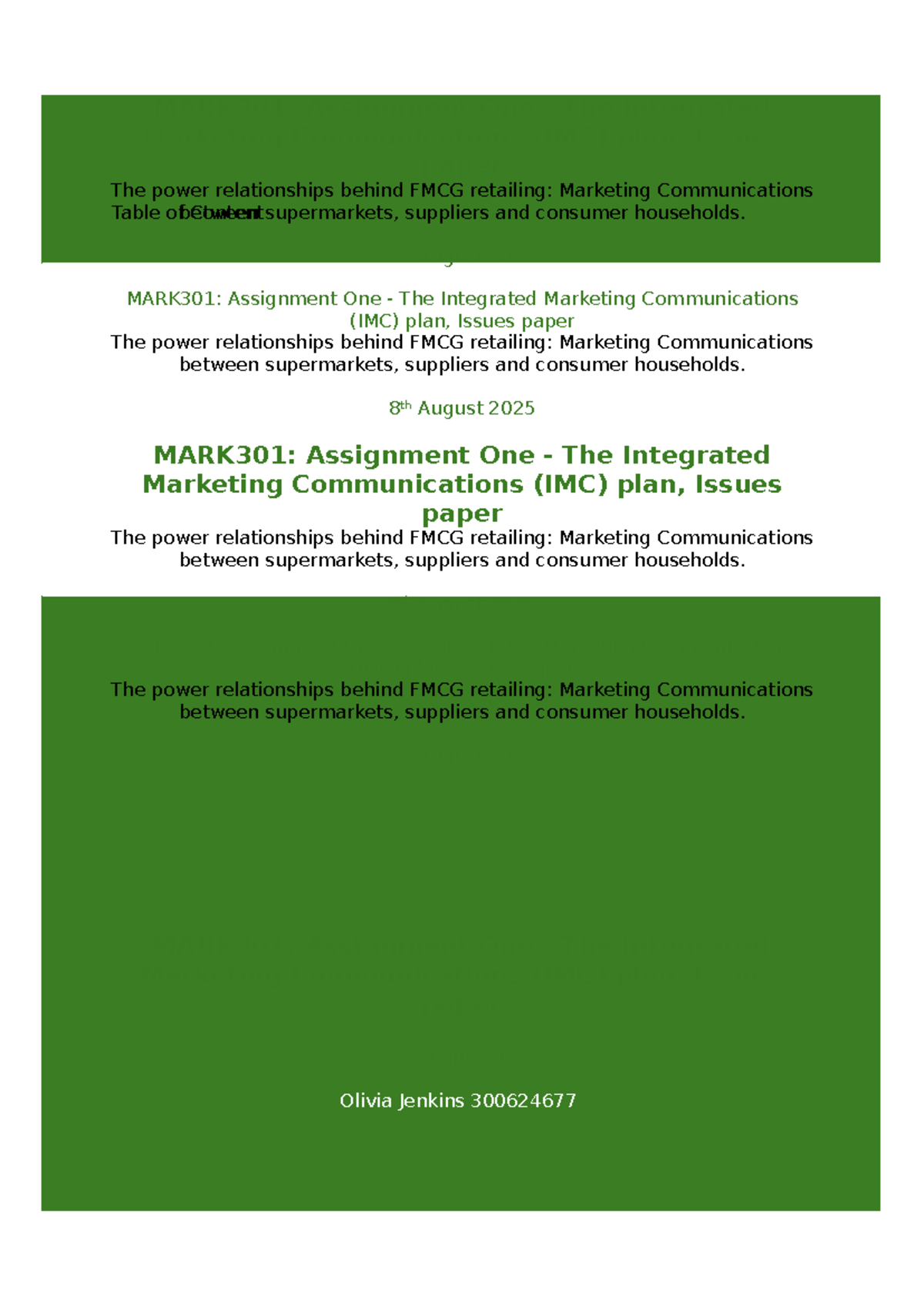 MARK301: Assignment One - IMC Plan & Issues Paper on Woolworths - Studocu