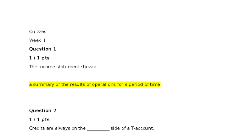 Quizzes for Accounting Exam (ACC 101) - Week 1 & 2 - Studocu