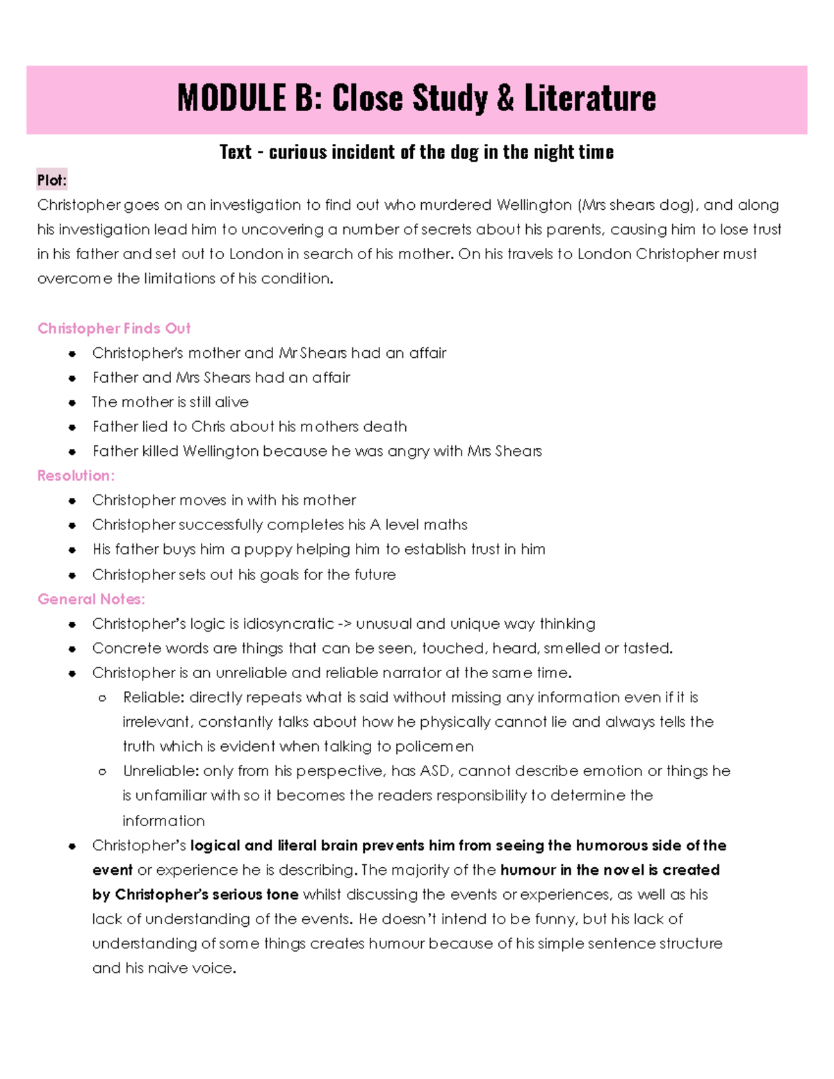 MOD B - The Curious Incident of the Dog in the Night-Time Study Guide ...