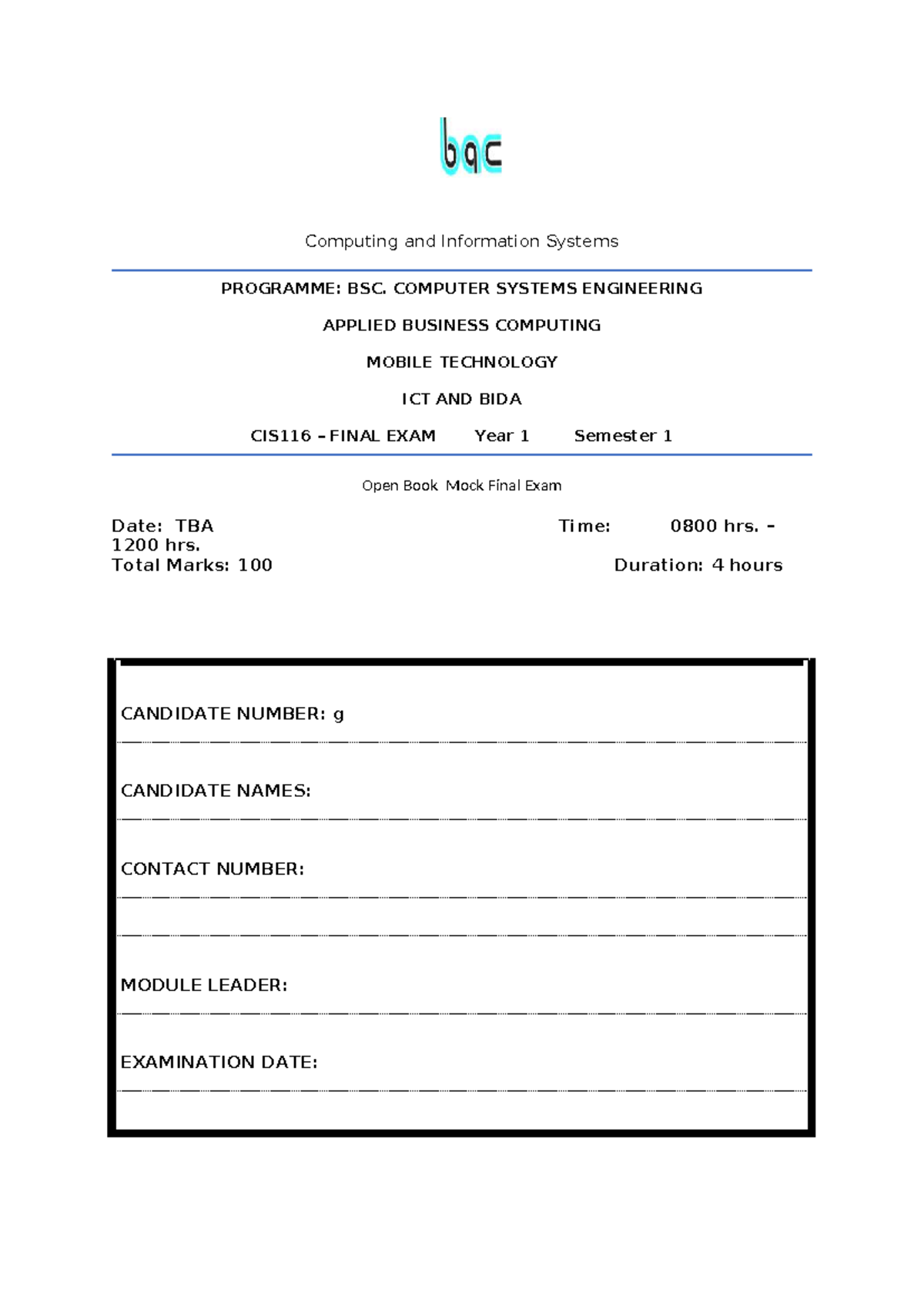 CIS116 BSc Computer Systems Engineering Final Exam Mock Paper - Studocu