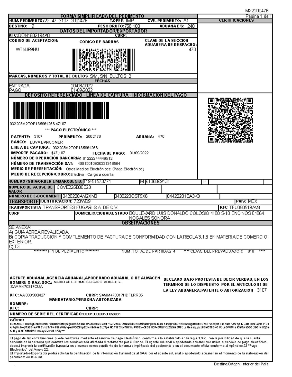 Forma Simplificada del Pedimento - MX - N° 2002476 - Aduana 470 - Studocu