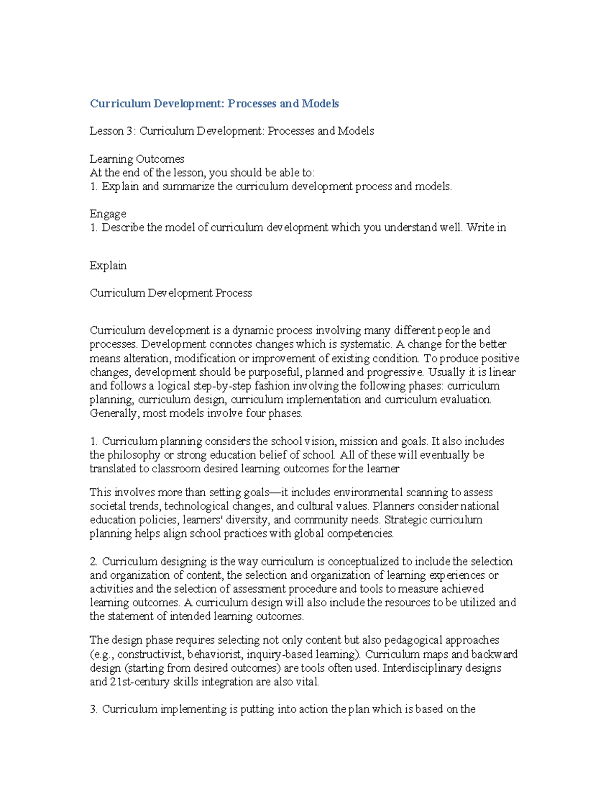 Curriculum Development Processes & Models: Lesson 3 Overview - Studocu
