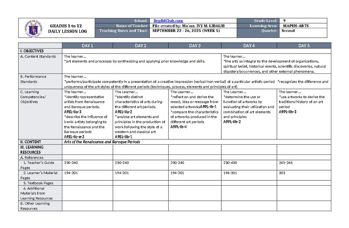 DLL MAPEH-ARTS 9 Q2 W5: Lesson Plan on Renaissance & Baroque Art - Studocu