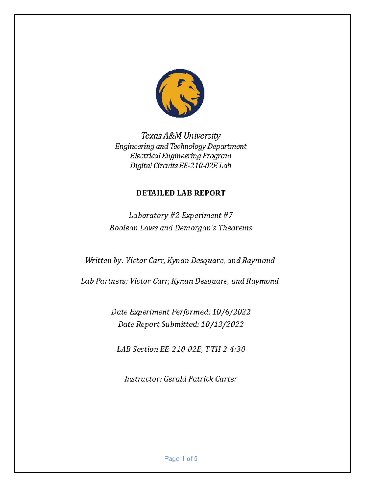 EE-210-02E Lab Report 3: Boolean Logic & DeMorgan's Theorem Analysis ...