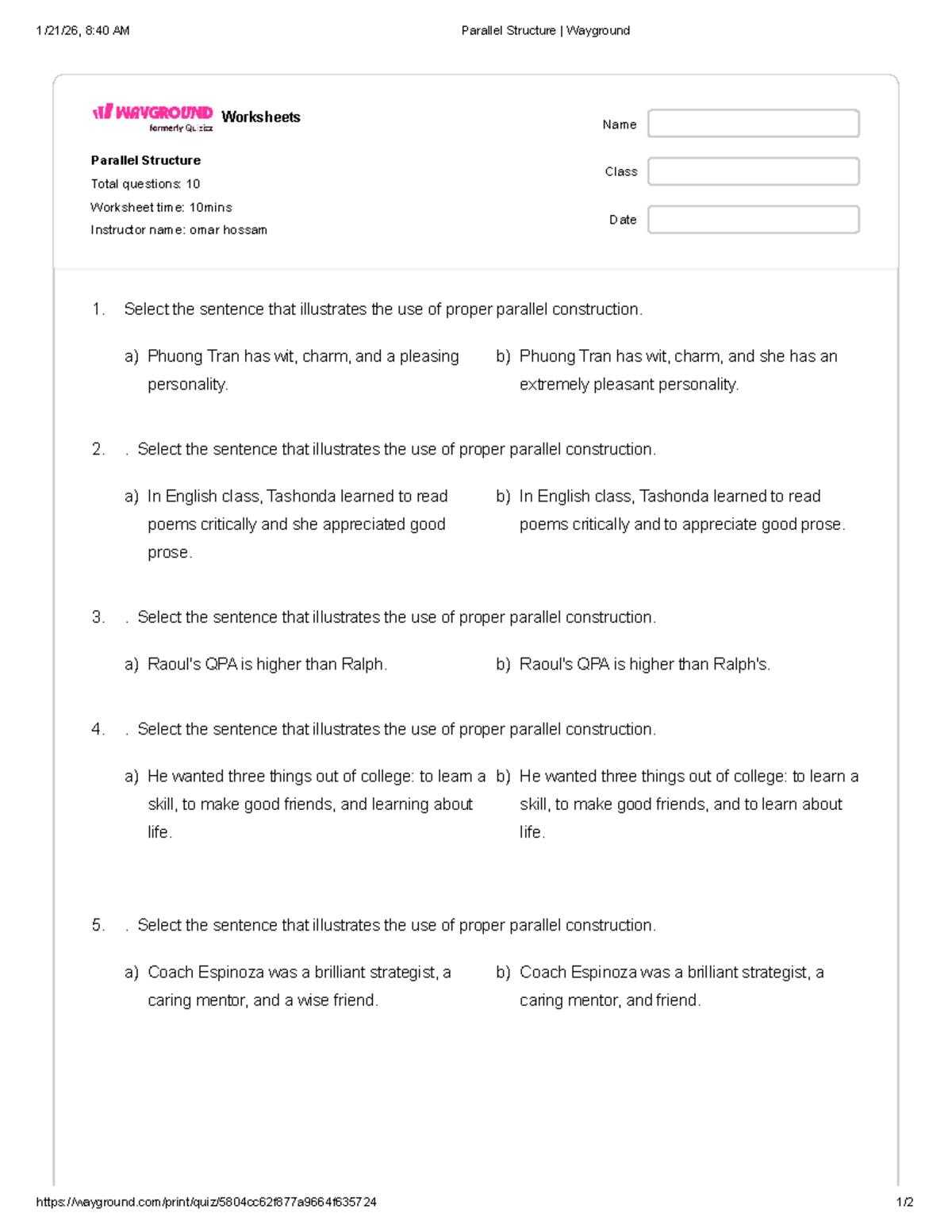 Parallel Structure Worksheets - Class 8:40 AM - Studocu