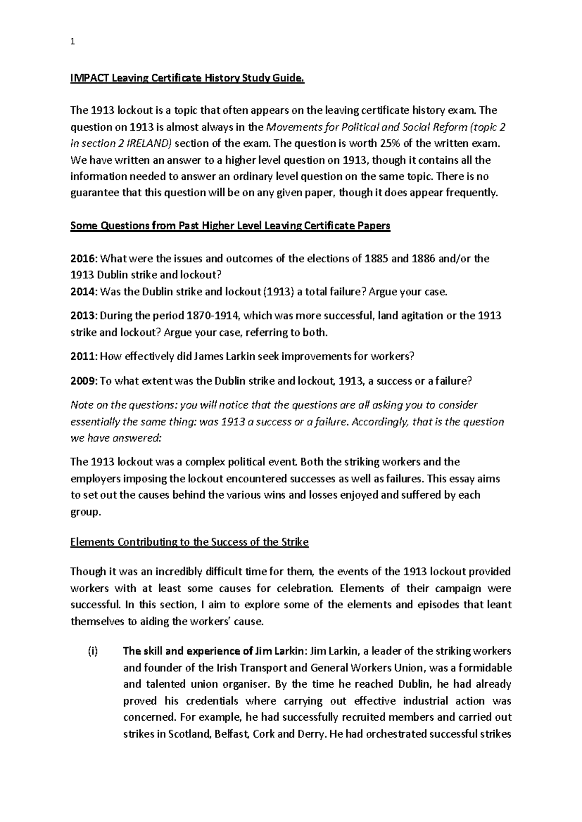 Leaving Cert History Study Guide: The 1913 Strike & Lockout Analysis ...