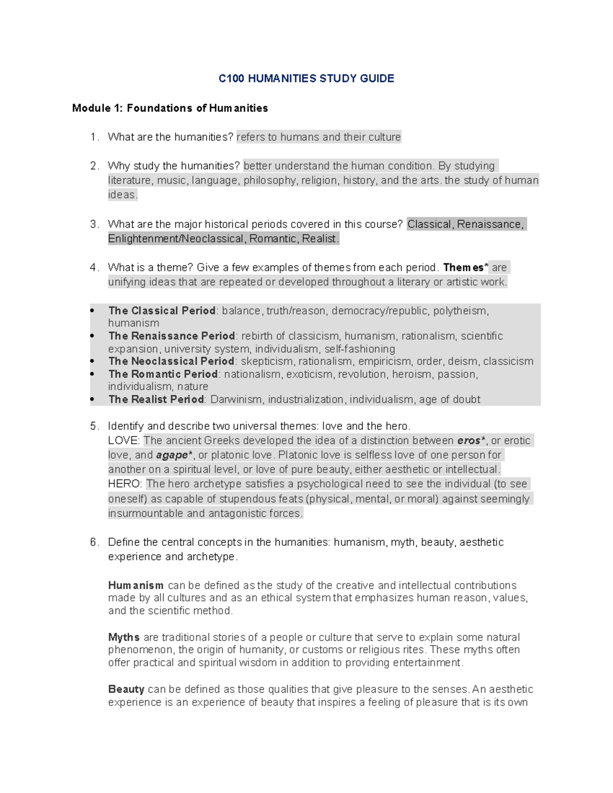 C100 humanities study guide - C100 HUMANITIES STUDY GUIDE Module 1: Foundations of Humanities 1 ...