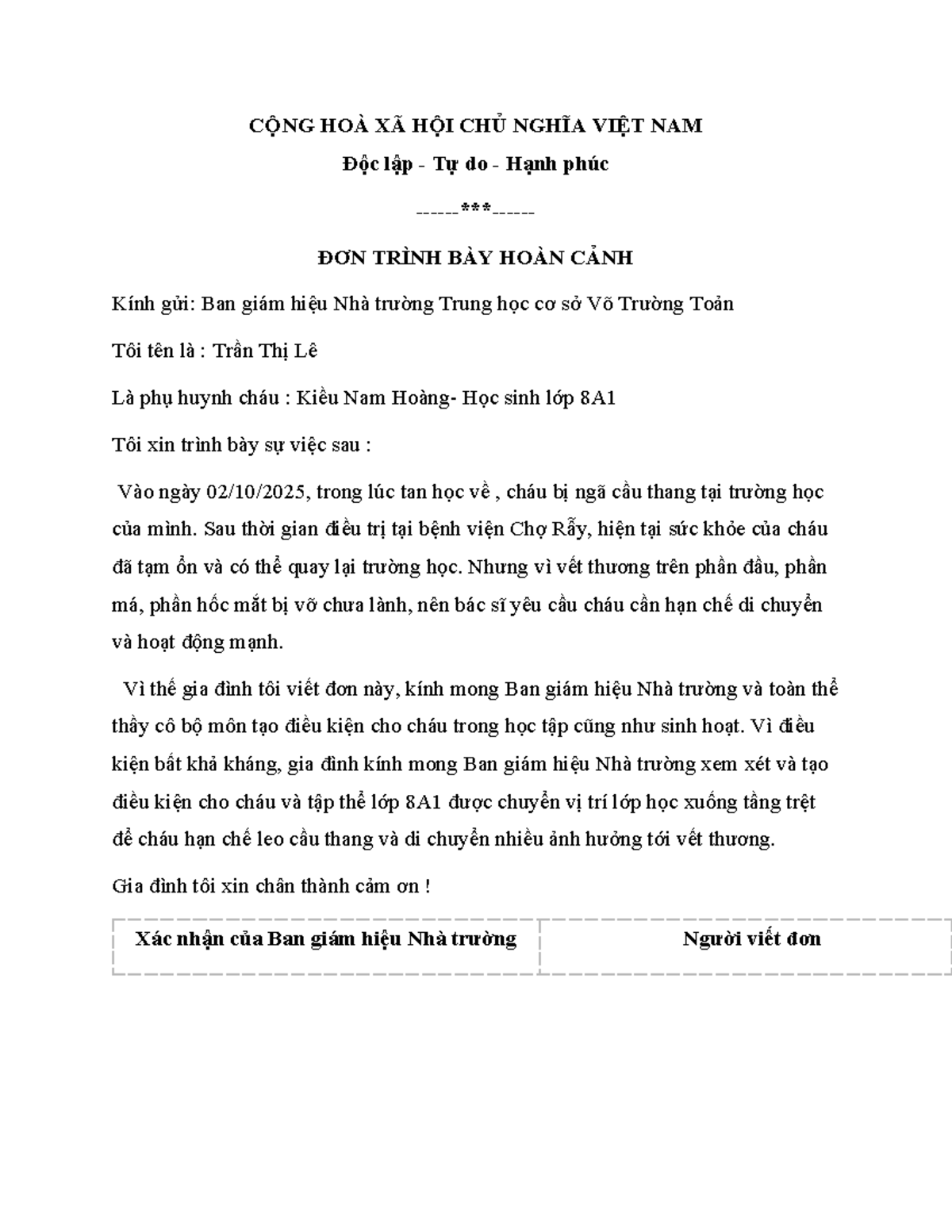 Đơn Trình Bày Hoàn Cảnh Học Sinh Lớp 8A1 - HHH - Studocu