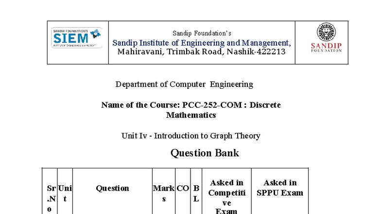 B.Sc. Discrete Mathematics: Unit IV Graph Theory Question Bank - Studocu