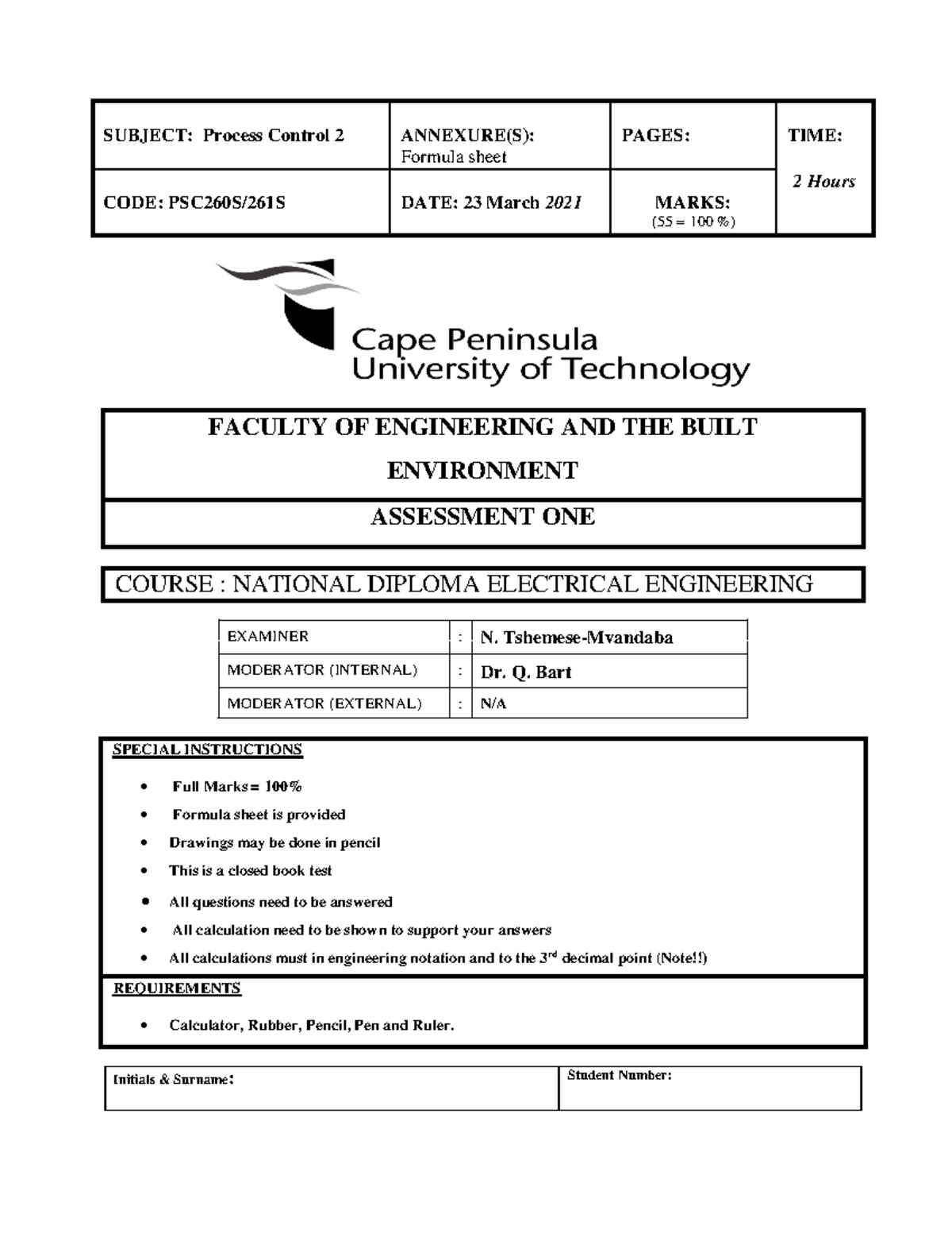 Process Control Test 1 - PSC260S/261S - 23 March 2021 - Studocu